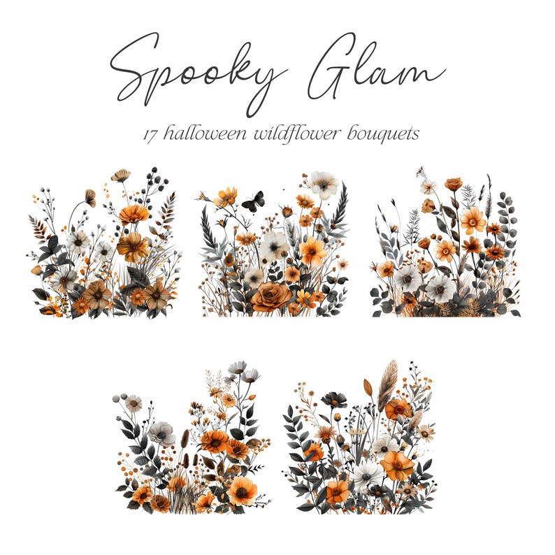 Halloween Floral Clipart Wildflowers Bouquet and Borders Elegant Orange ...