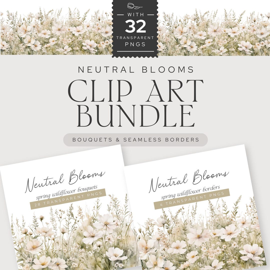 Spring Cream Floral Clipart, Watercolor Wildflower Bouquets and Border ...