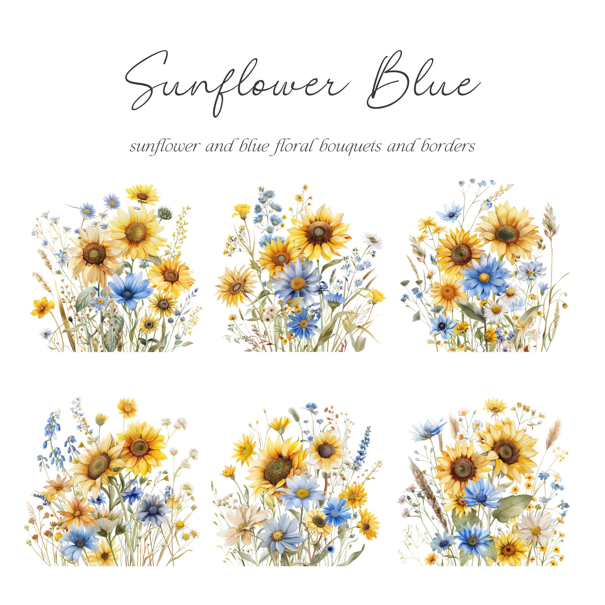 Sunflower and Blue Floral Bouquets and Borders, Watercolor Sunflower ...