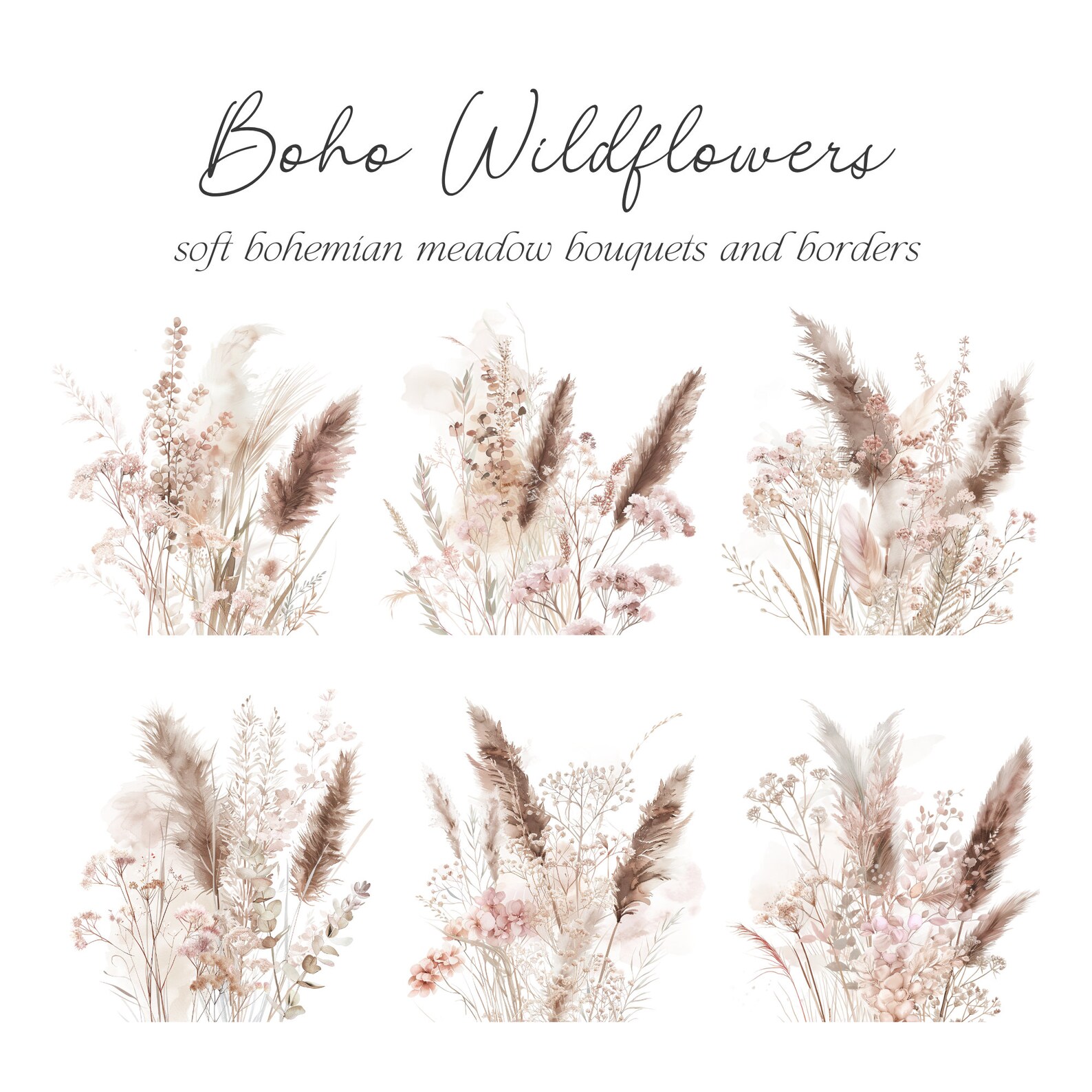 Boho Watercolor Wildflower Bouquets and Borders, Bohemian Meadow Clip ...