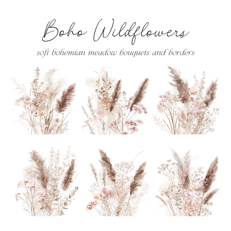 Boho Watercolor Wildflower Bouquets and Borders, Bohemian Meadow Clip ...