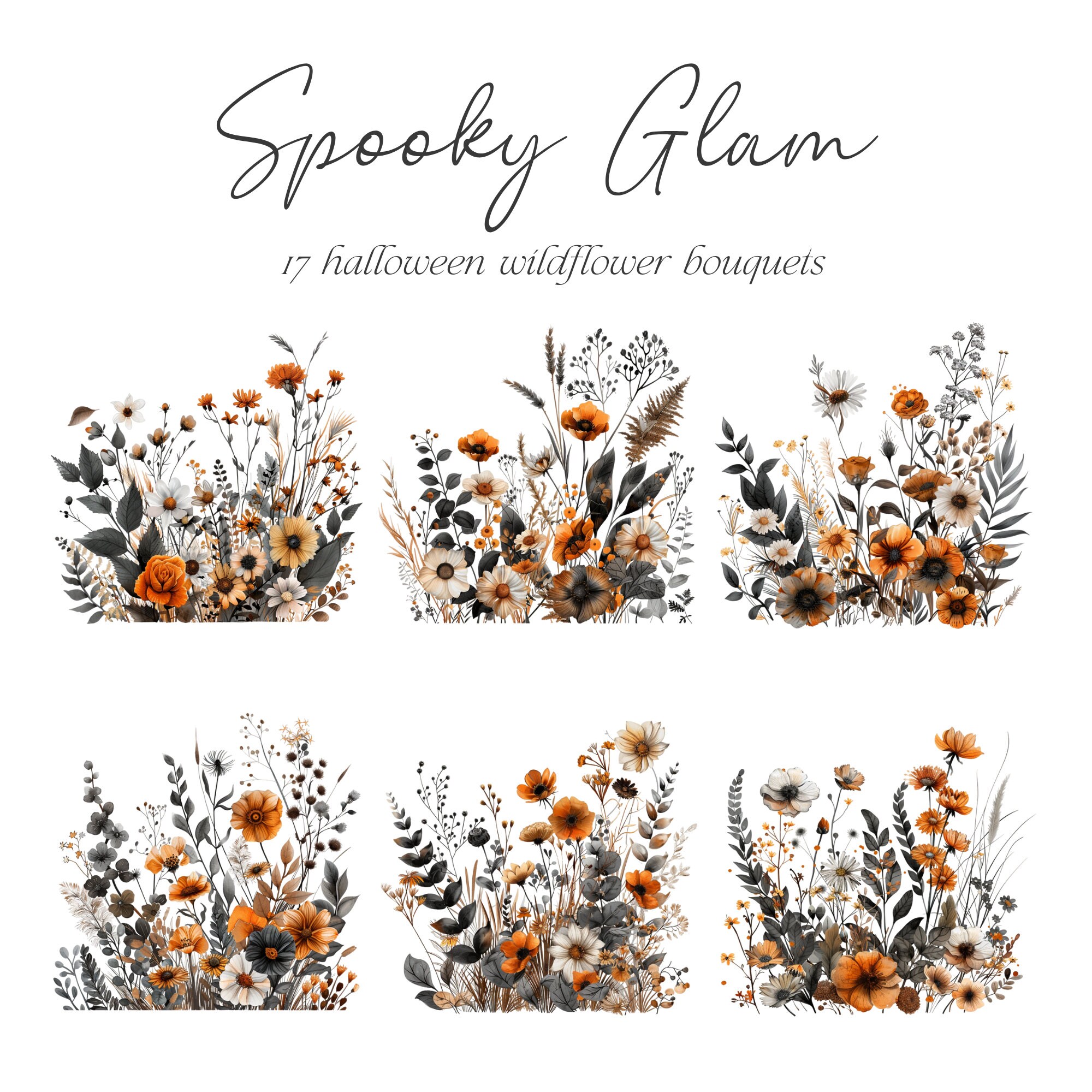 Halloween Floral Clipart Wildflowers Bouquet and Borders Elegant Orange ...