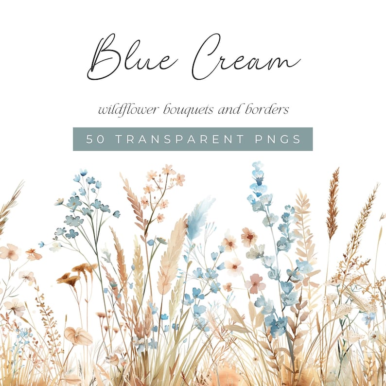 Blue and Cream Wildflower Bouquets, Blue Floral Borders, Watercolor ...