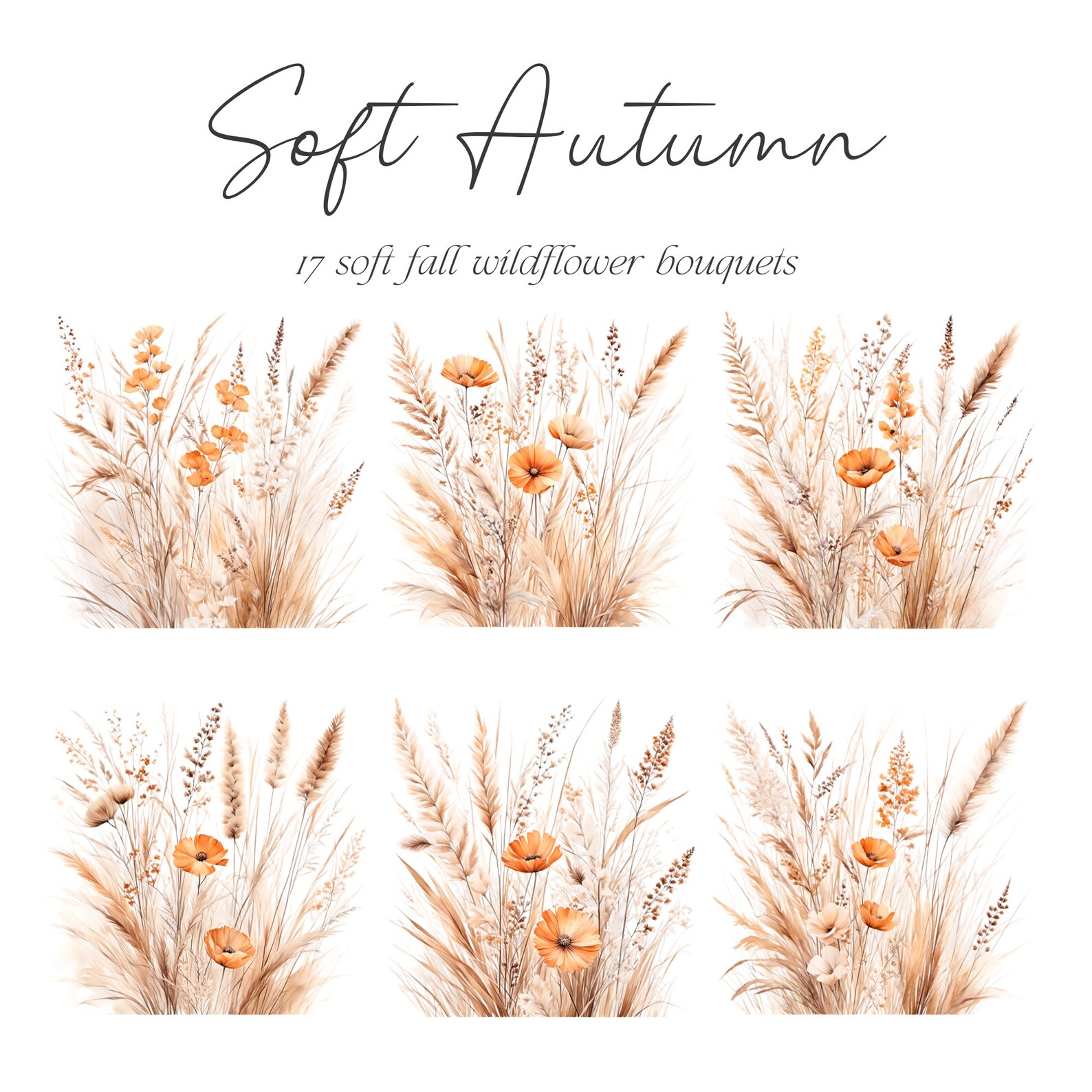 Soft Autumn Watercolor Wildflower Bouquets and Borders, Fall Floral ...