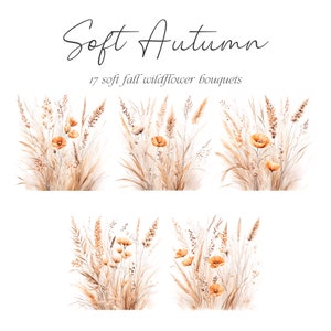 Soft Autumn Watercolor Wildflower Bouquets and Borders, Fall Floral ...