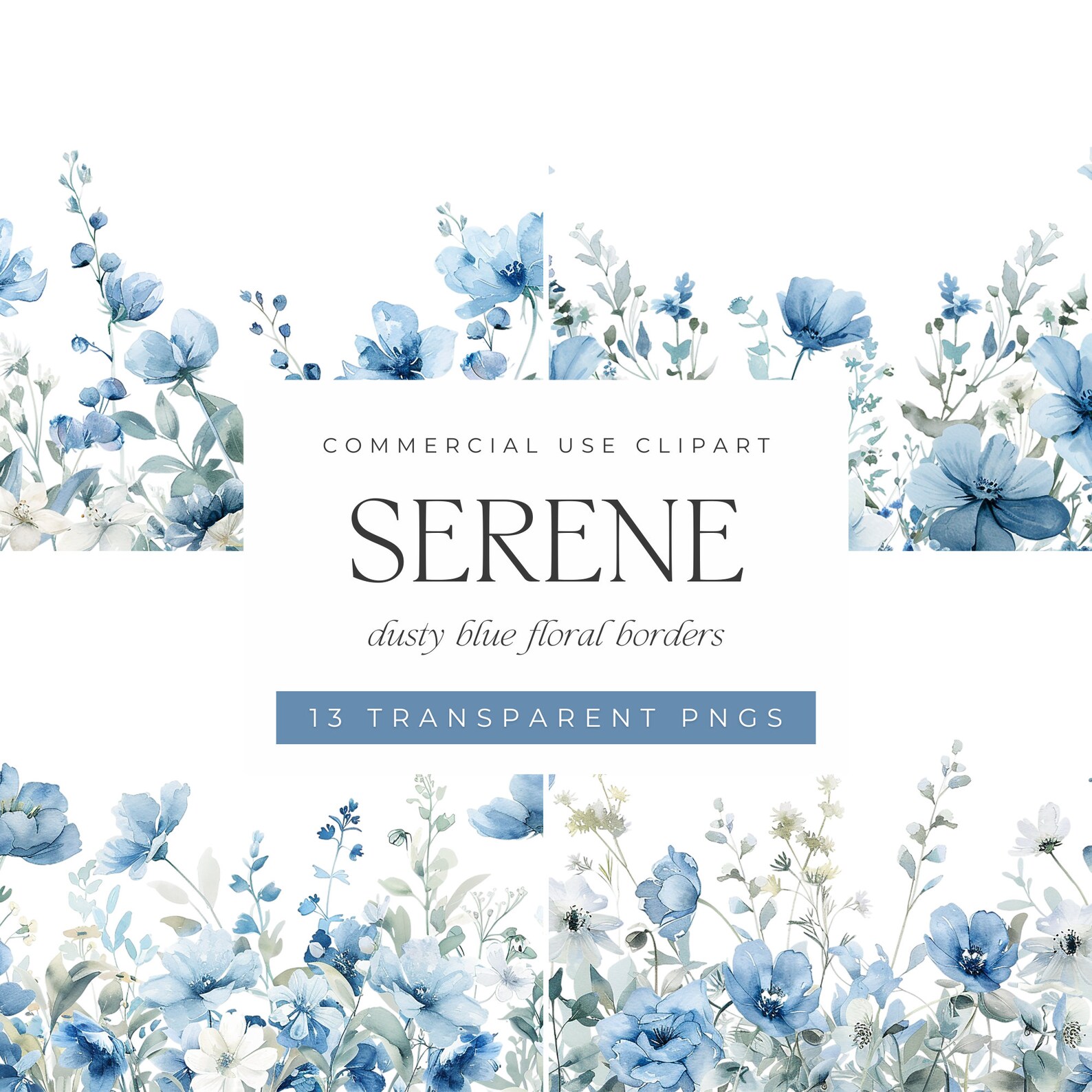 Soft Blue Watercolor Floral Border, Blue Wildflower Borders, Watercolor ...