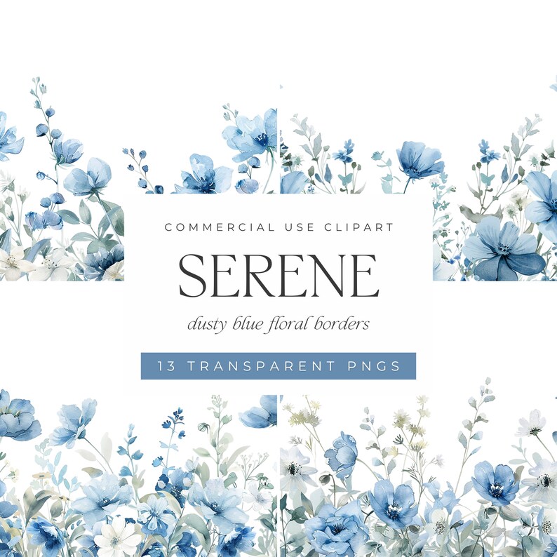 Soft Blue Watercolor Floral Border, Blue Wildflower Borders, Watercolor ...