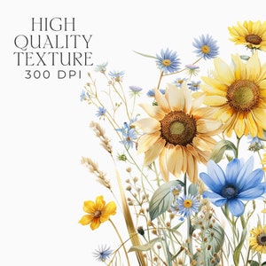 Sunflower and Blue Floral Bouquets and Borders, Watercolor Sunflower ...