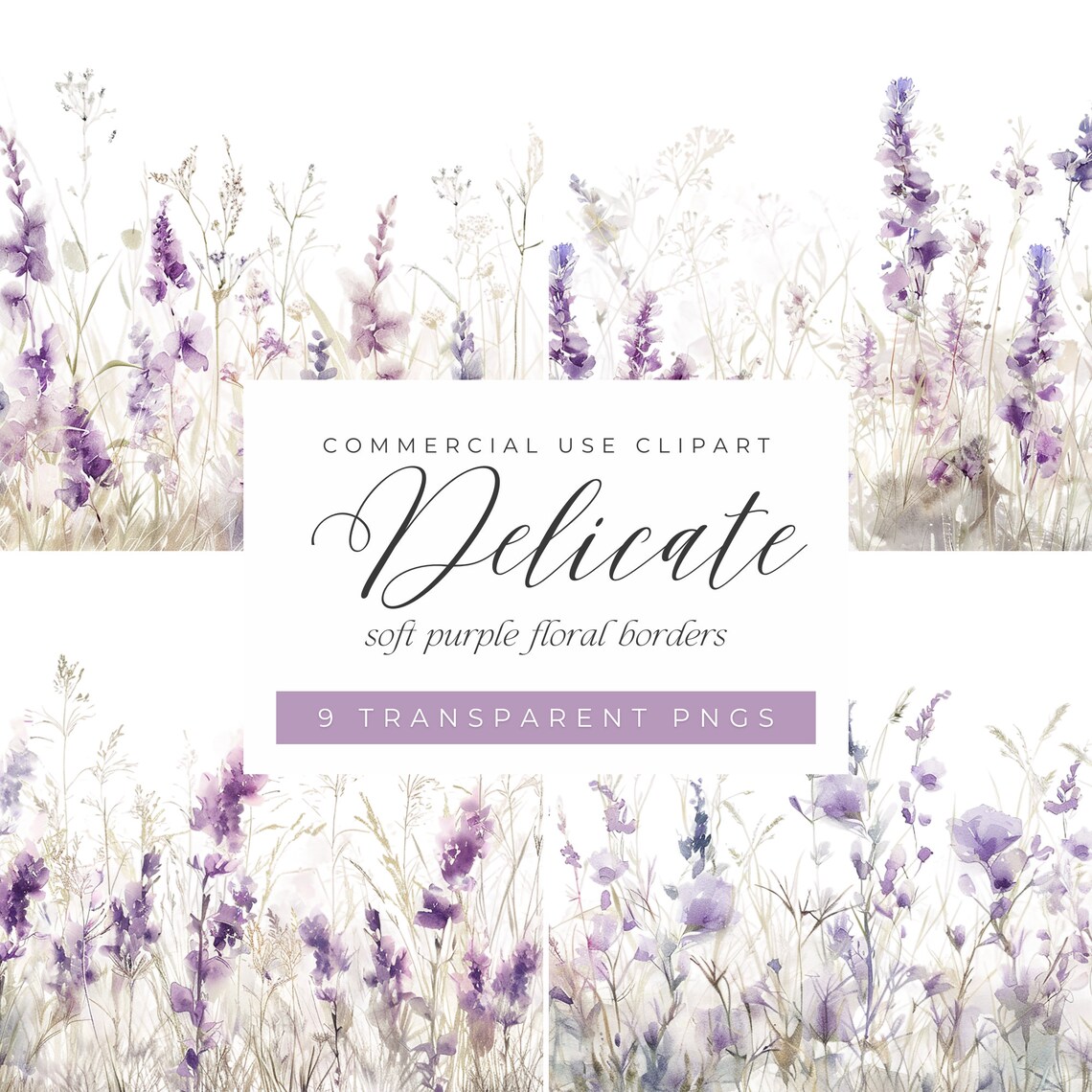 Purple Floral Borders, Soft Purple Wildflower Clip Art, Watercolor ...