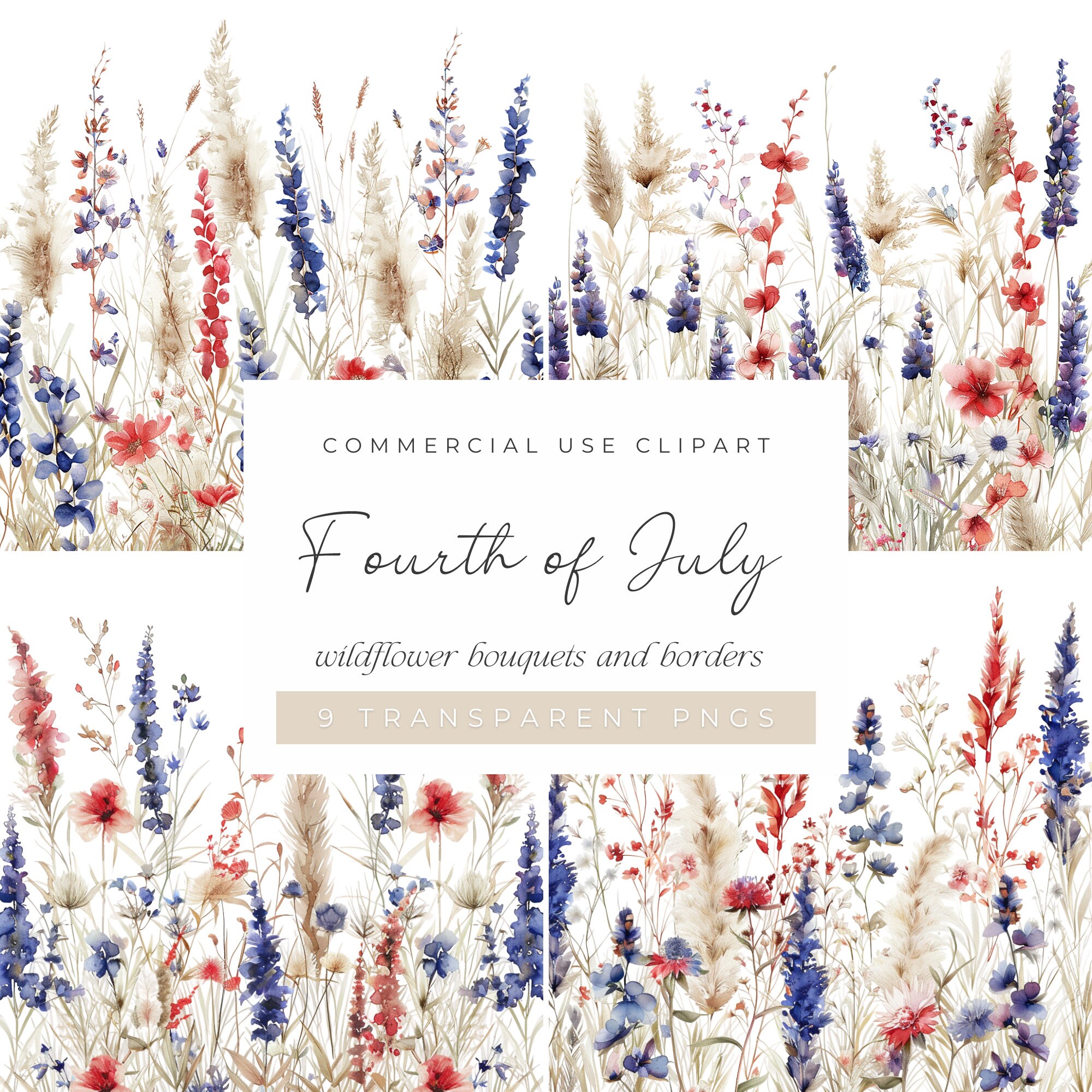 Fourth of July Wildflower Clip Art, Watercolor Wildflower Borders, Red ...