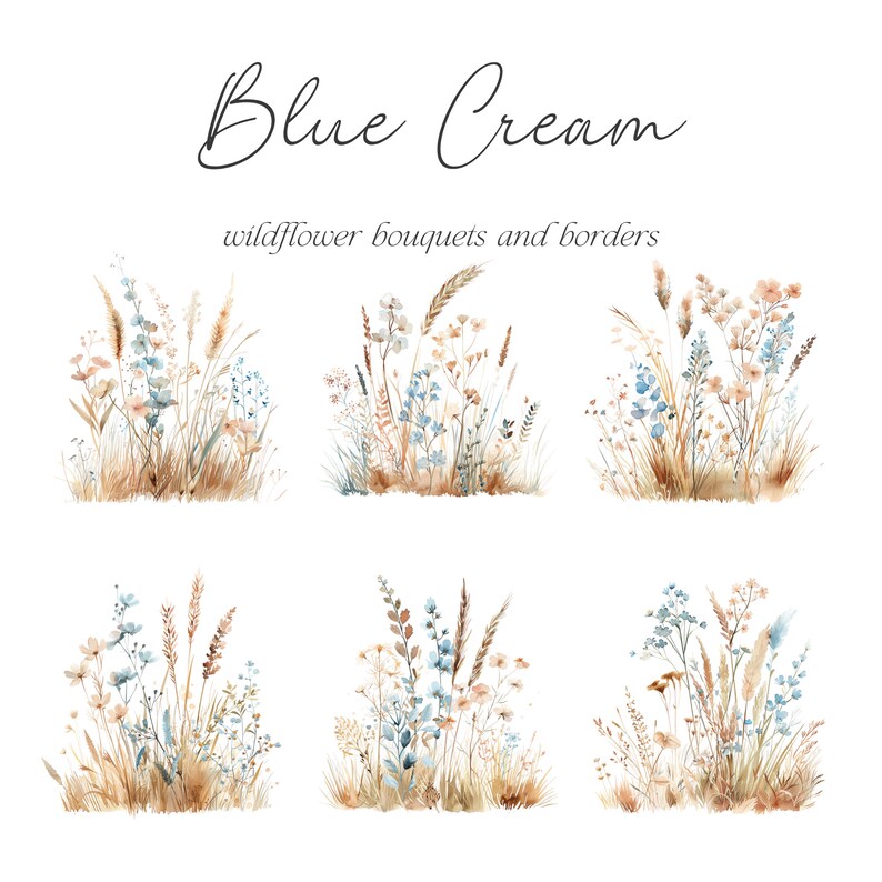 Blue and Cream Wildflower Bouquets, Blue Floral Borders, Watercolor ...