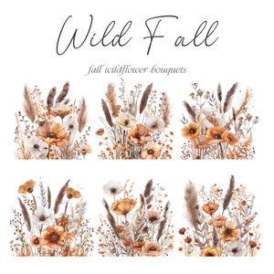 Fall Wildflower Bouquets and Borders, Watercolor Autumn Floral Clipart ...