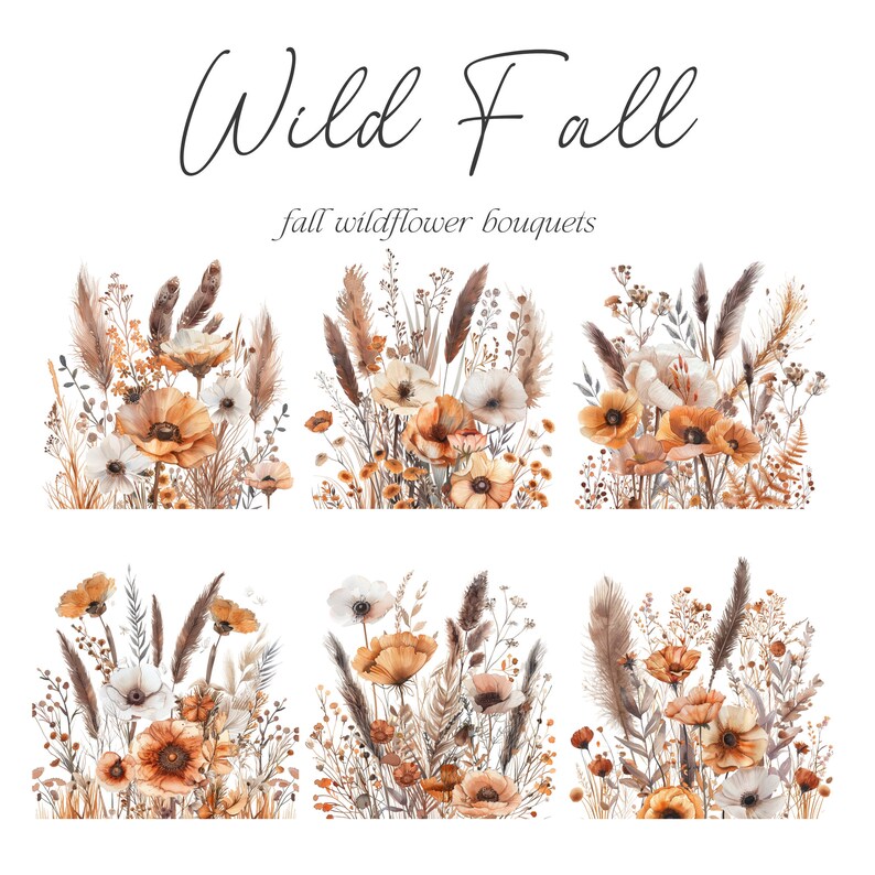 Fall Wildflower Bouquets and Borders, Watercolor Autumn Floral Clipart ...