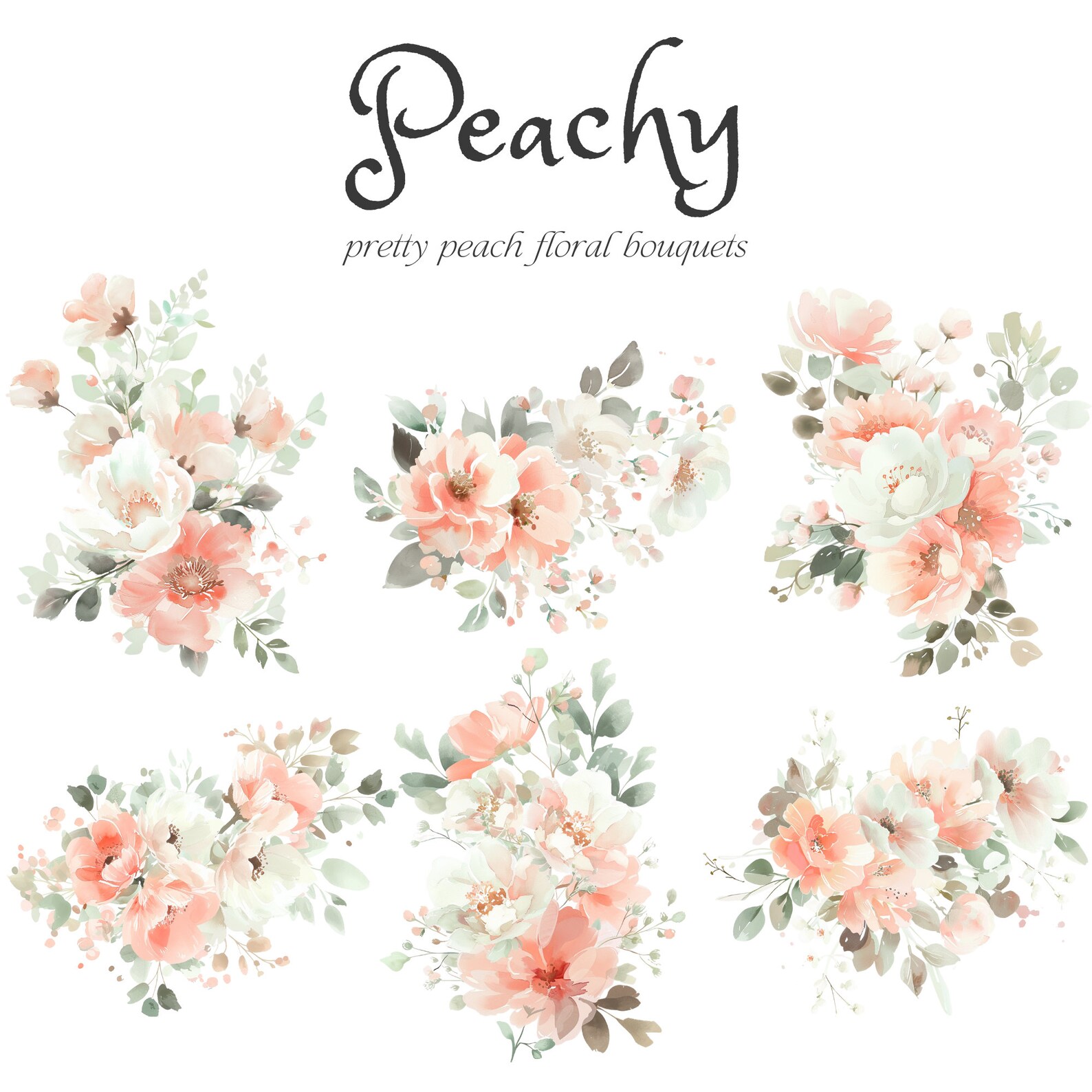 Watercolor Floral Clipart, Peach Floral Bouquets Clipart, Peach Flowers ...