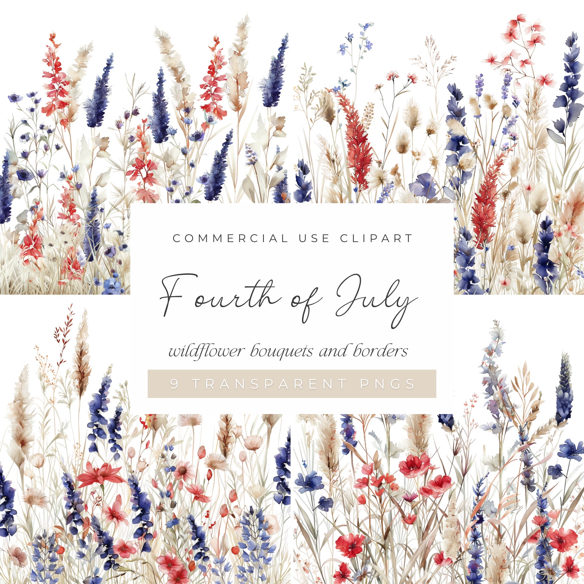 Fourth of July Wildflower Clip Art, Watercolor Wildflower Borders, Red ...