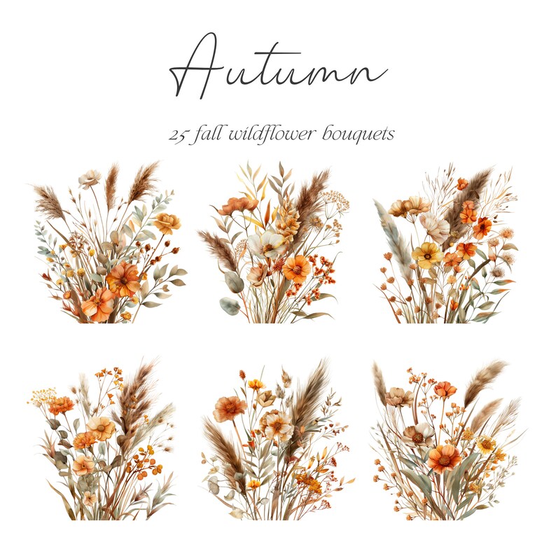 Autumn Watercolor Wildflower, Fall Wildflower Bouquets & Borders, Fall ...