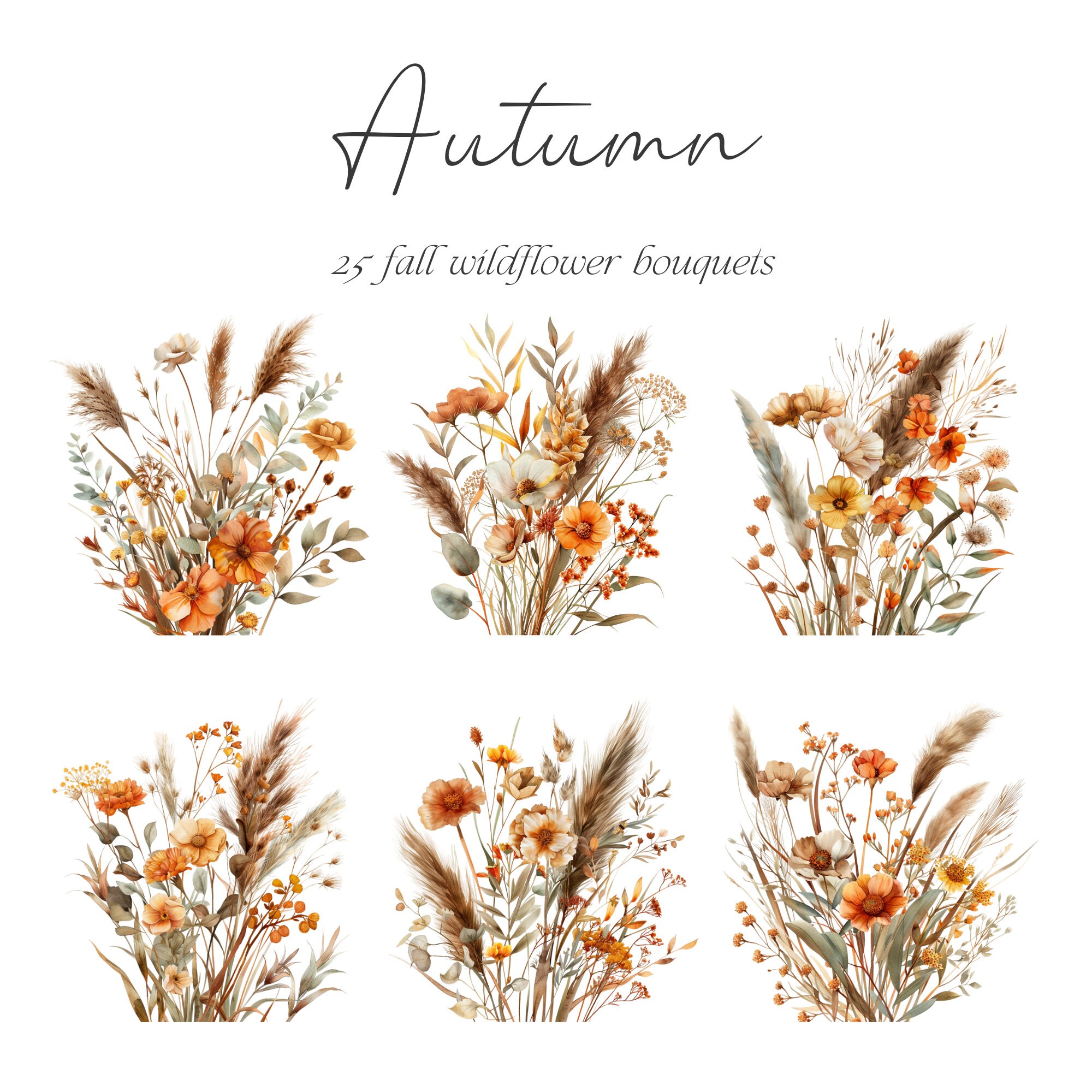 Autumn Watercolor Wildflower, Fall Wildflower Bouquets & Borders, Fall ...
