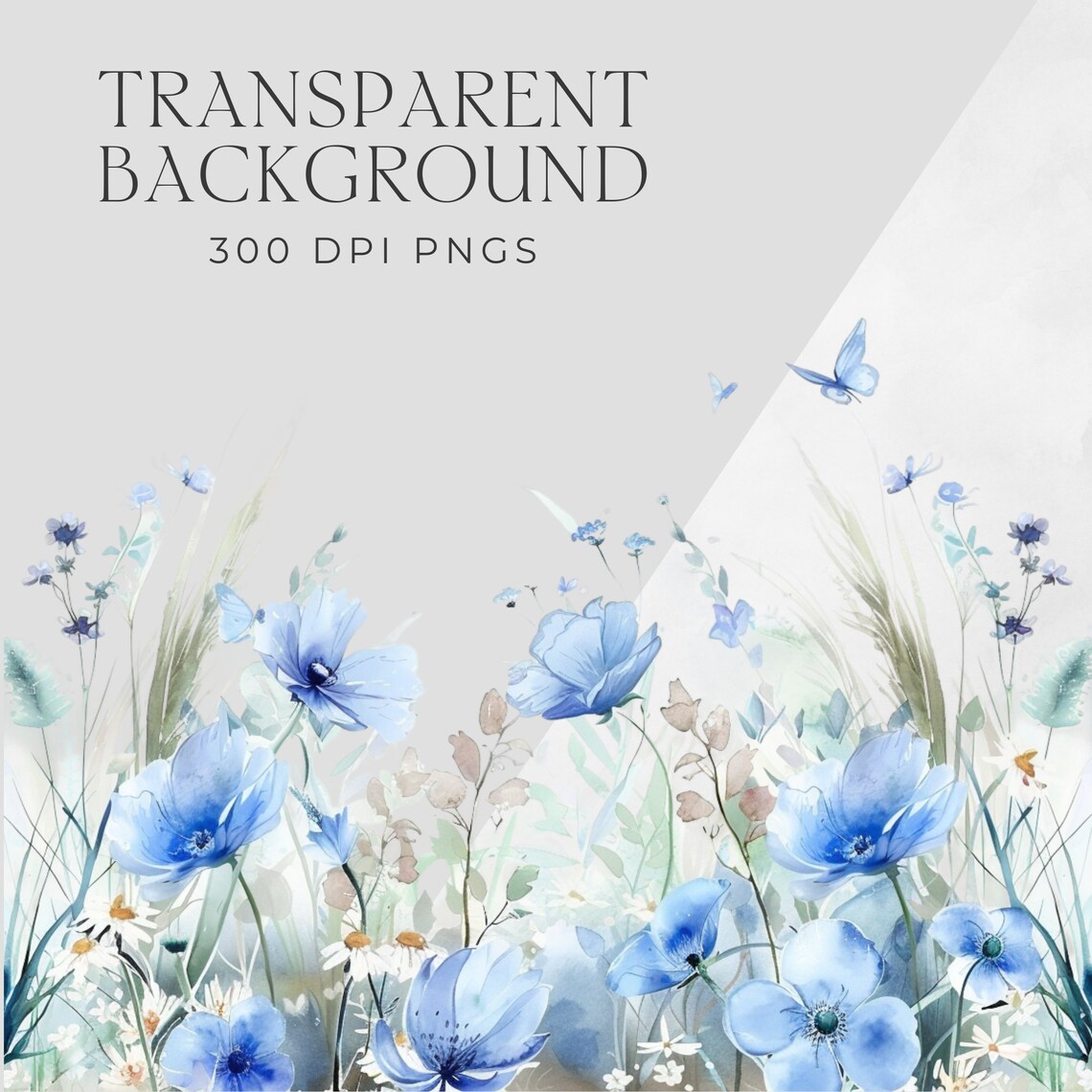 Blue Watercolor Flower Border, Watercolor Meadow Florals, Wildflower ...