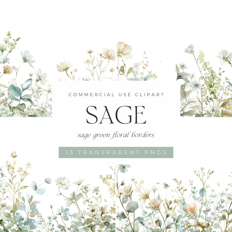 Light Sage Watercolor Floral Border, Green Wildflower Borders ...