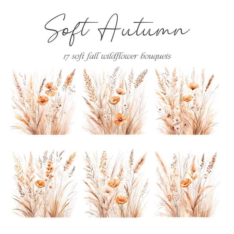 Soft Autumn Watercolor Wildflower Bouquets and Borders, Fall Floral ...