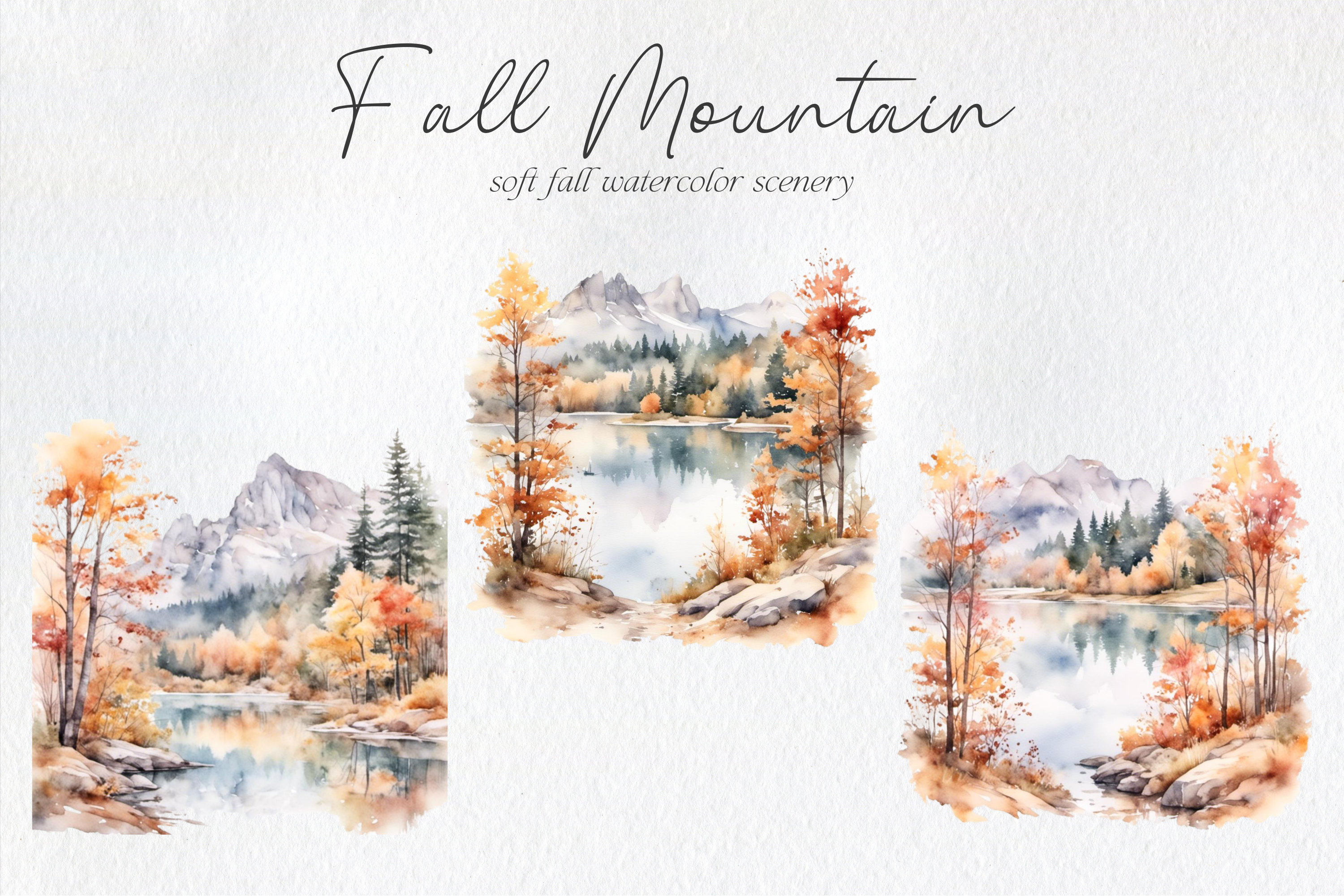 Watercolor Fall Mountain Scenery Clipart Autumn Mountains Scene Autumn ...