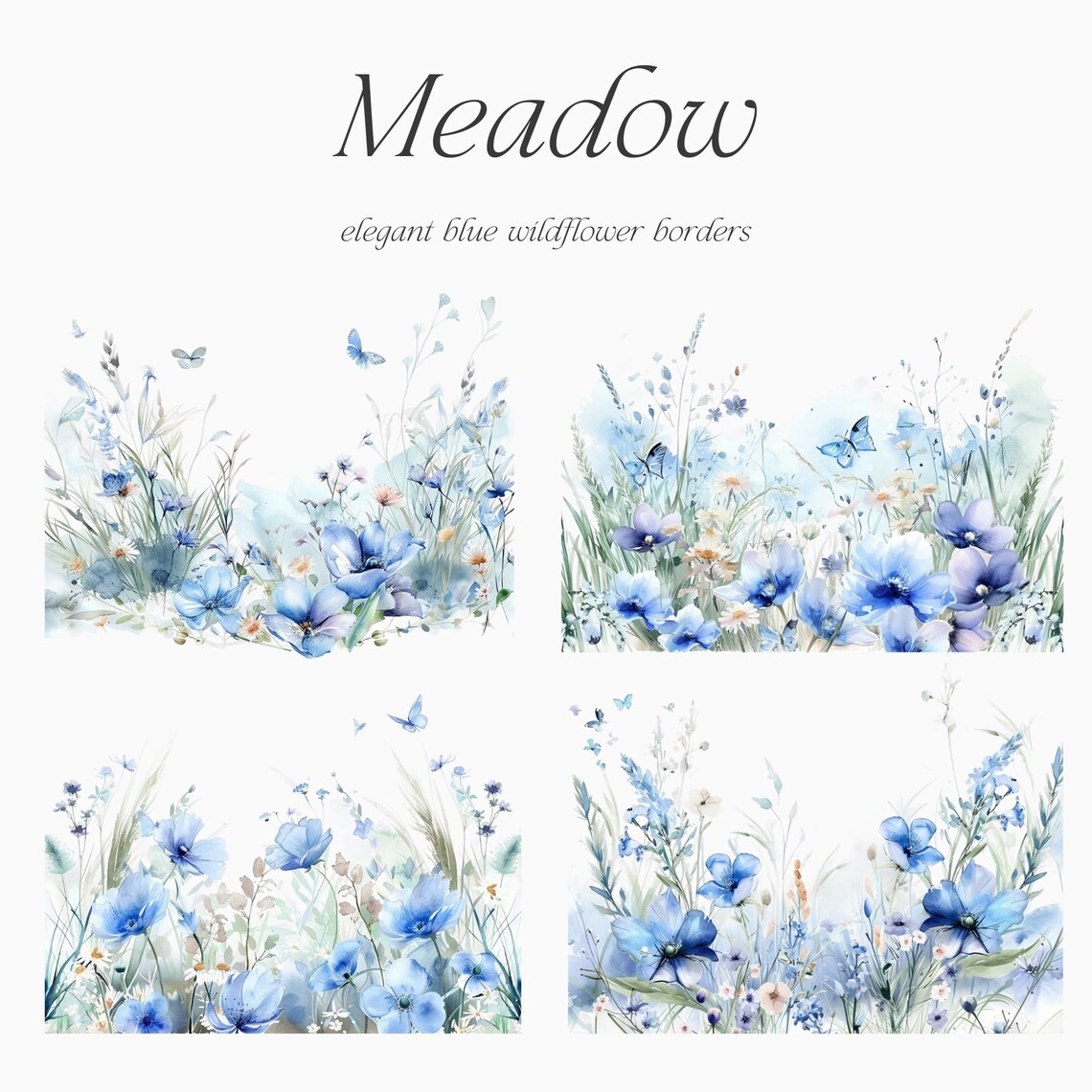 Blue Watercolor Flower Border, Watercolor Meadow Florals, Wildflower ...