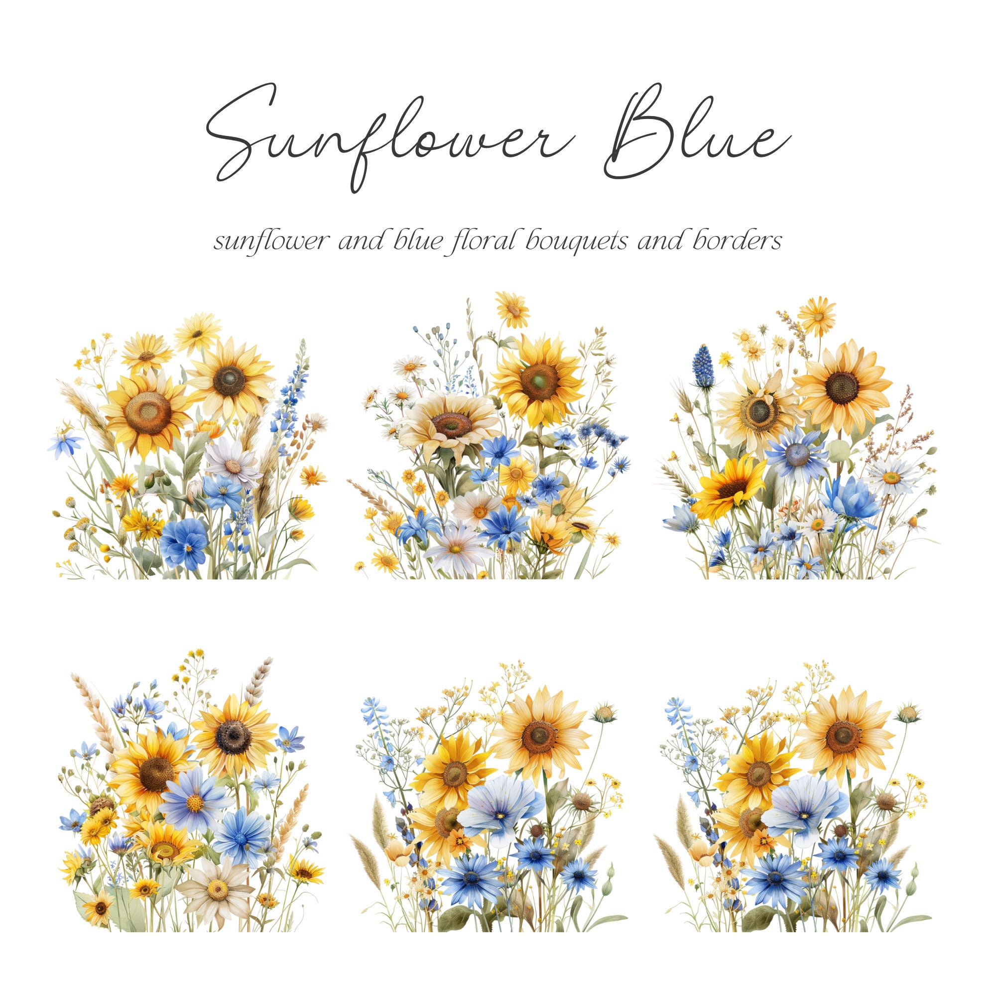 Sunflower and Blue Floral Bouquets and Borders, Watercolor Sunflower ...