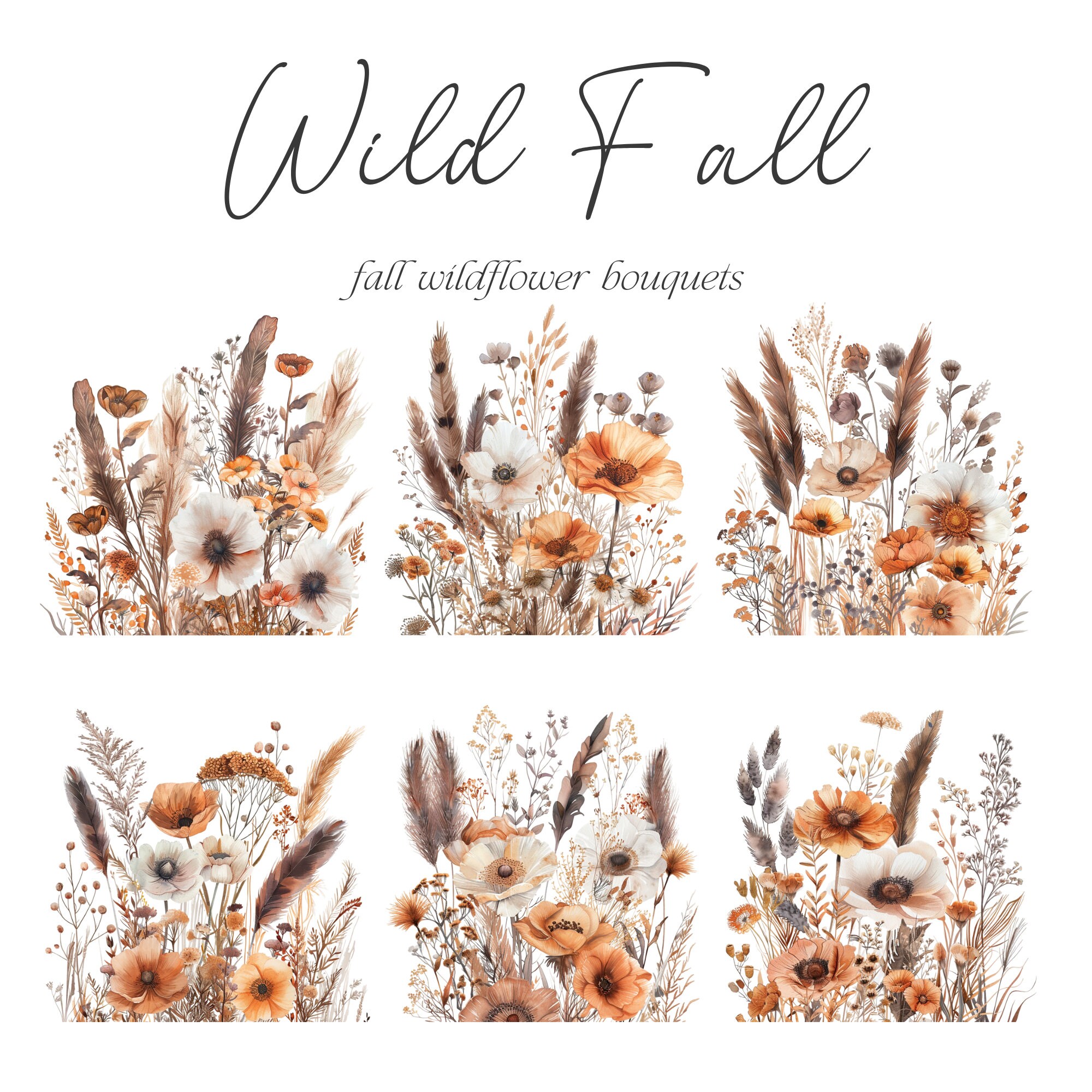 Fall Wildflower Bouquets and Borders, Watercolor Autumn Floral Clipart ...