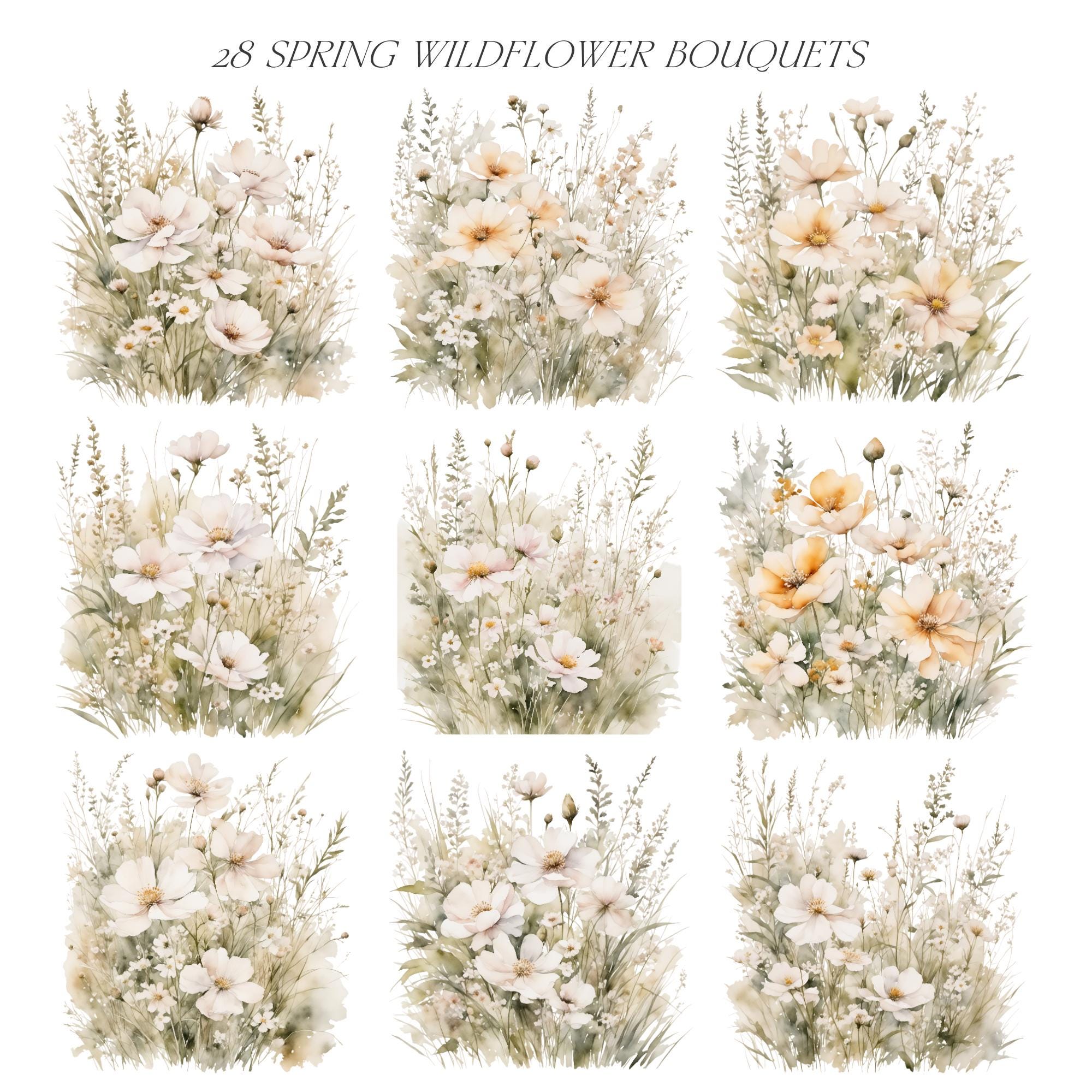Spring Cream Floral Clipart, Watercolor Wildflower Bouquets Soft White ...