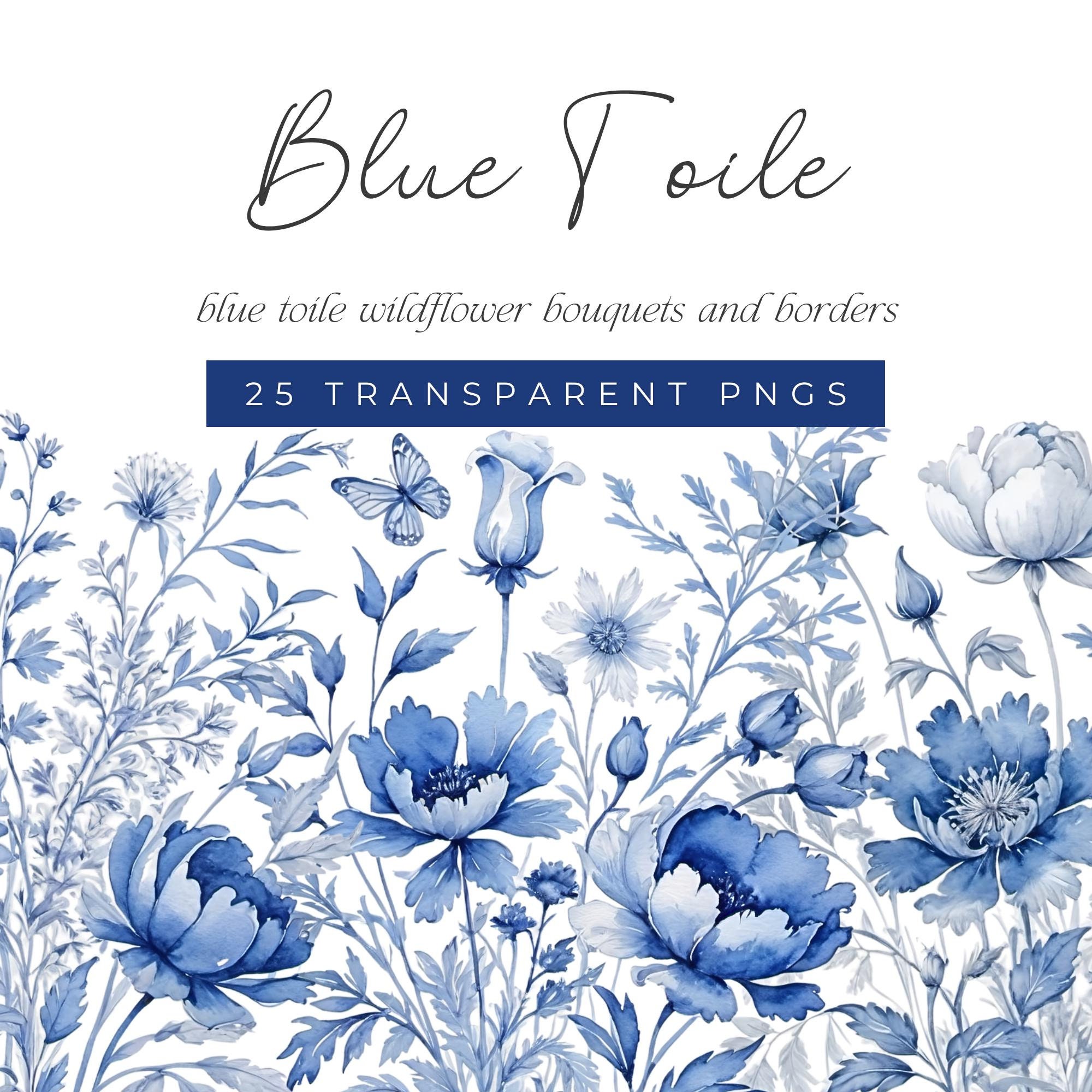 Chinoiserie Floral Clipart, Blue Toile Watercolor Wildflower Clipart ...