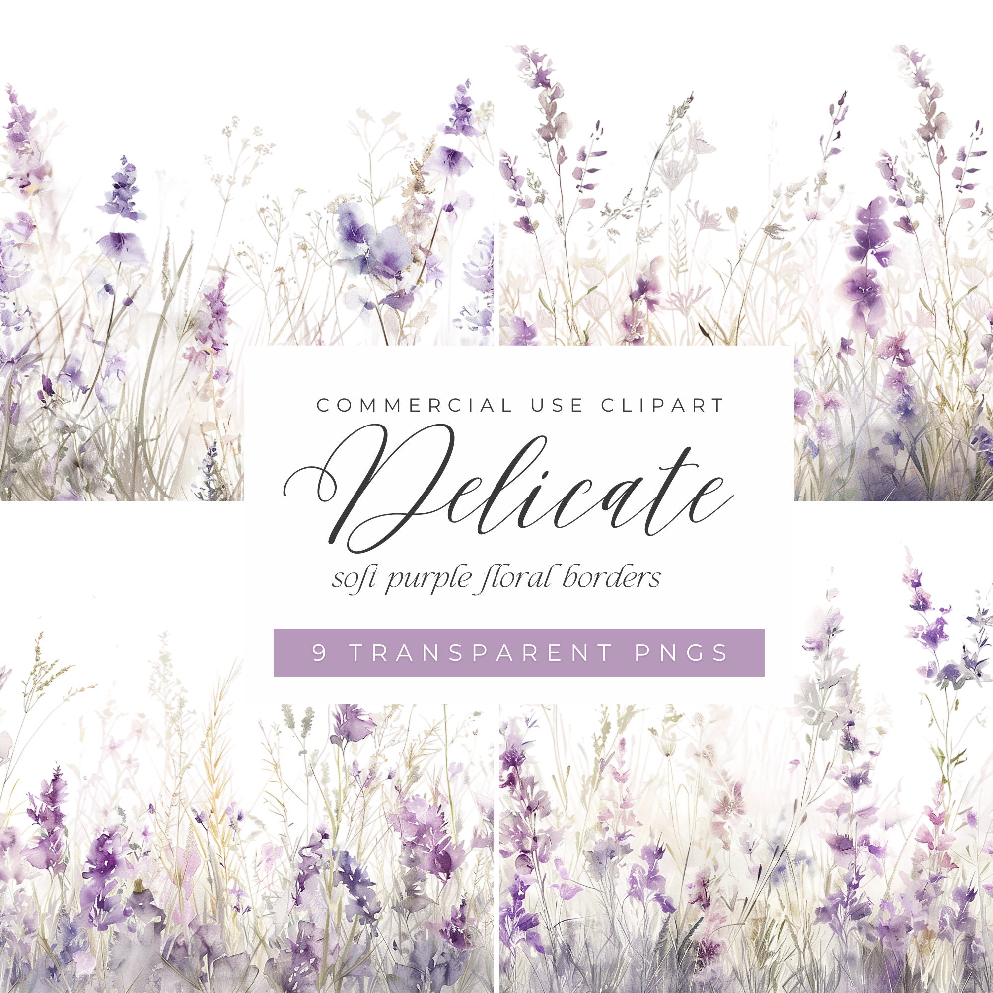 Purple Floral Borders, Soft Purple Wildflower Clip Art, Watercolor ...