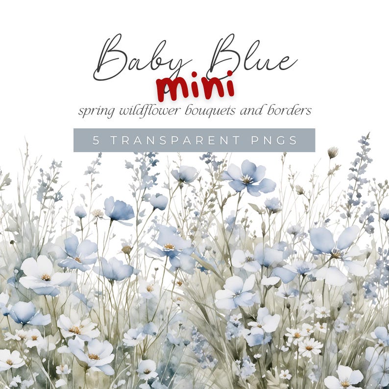 Baby Blue Floral Clipart, Watercolor Wildflower Bouquets and Border ...