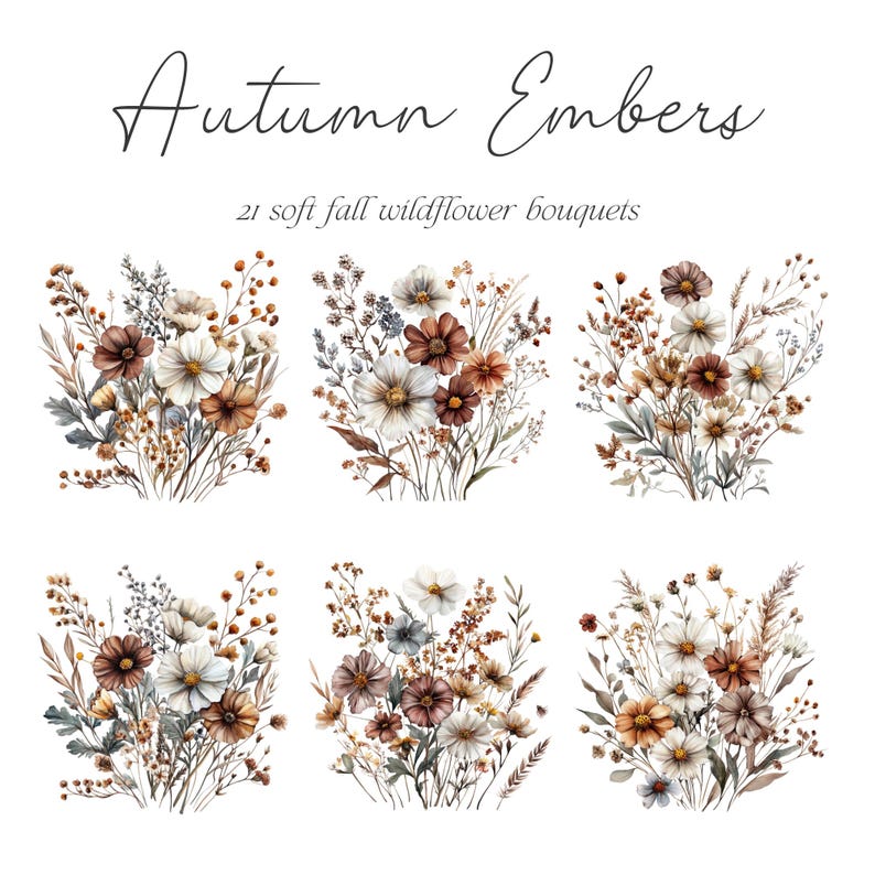 Watercolor Fall Wildflower Bouquets and Borders, Rustic Autumn Floral ...