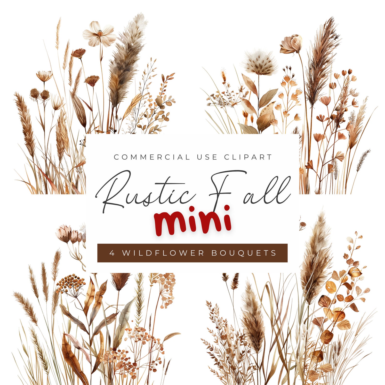 Rustic Fall Wildflower Clipart Watercolor Brown Floral Bouquets and ...