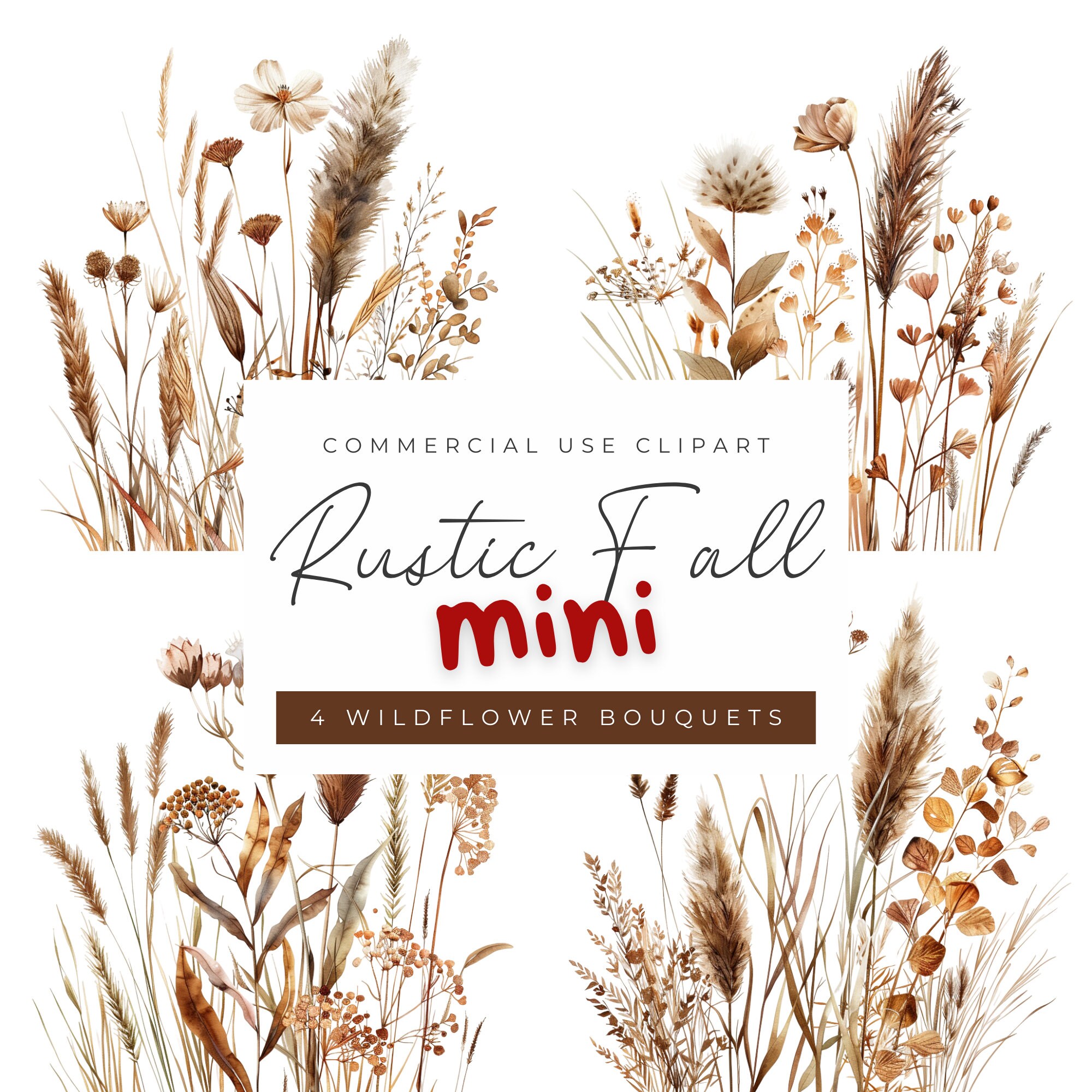 Rustic Fall Wildflower Clipart Watercolor Brown Floral Bouquets and ...