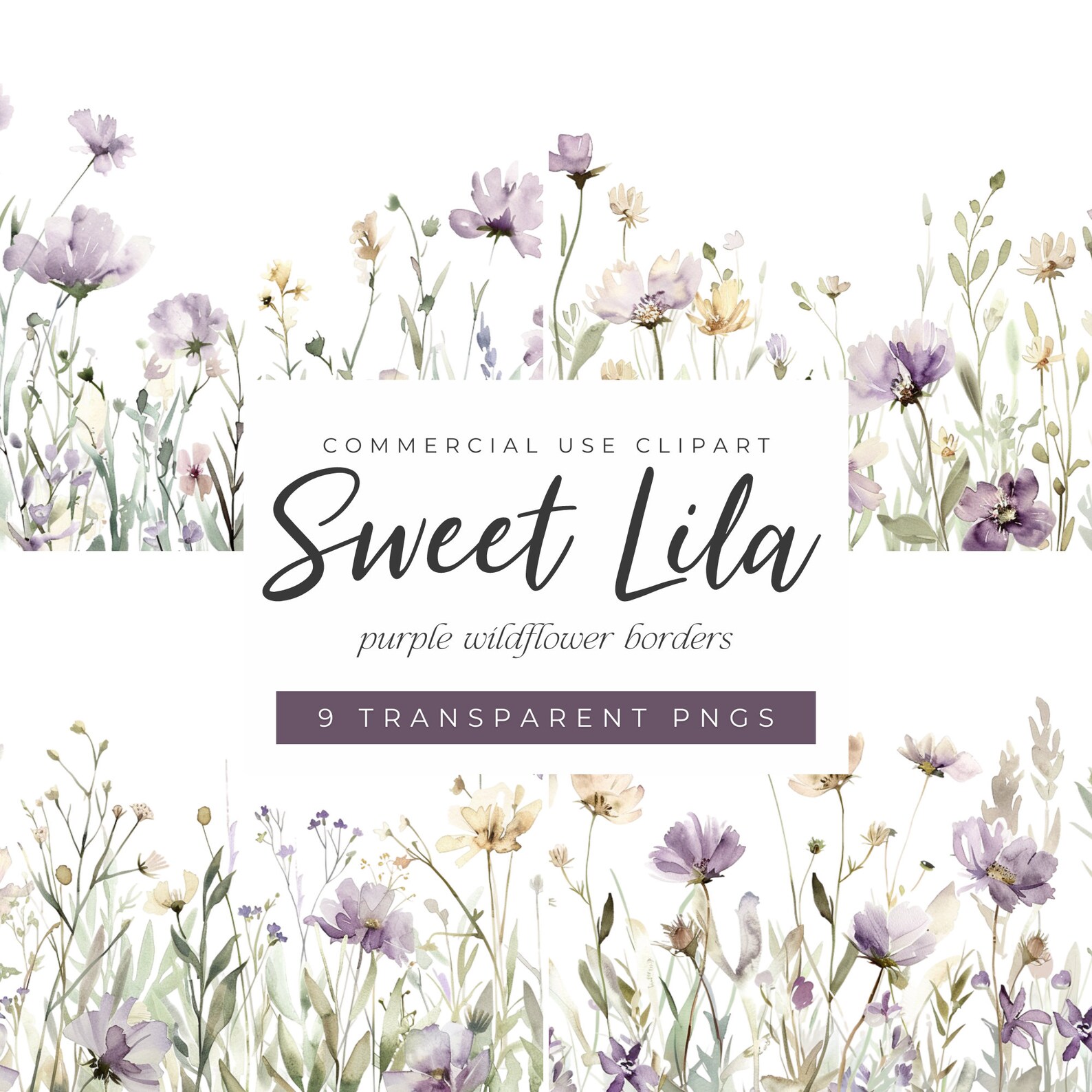 Watercolor Floral Clipart, Purple Wildflowers Clipart, Purple Floral ...