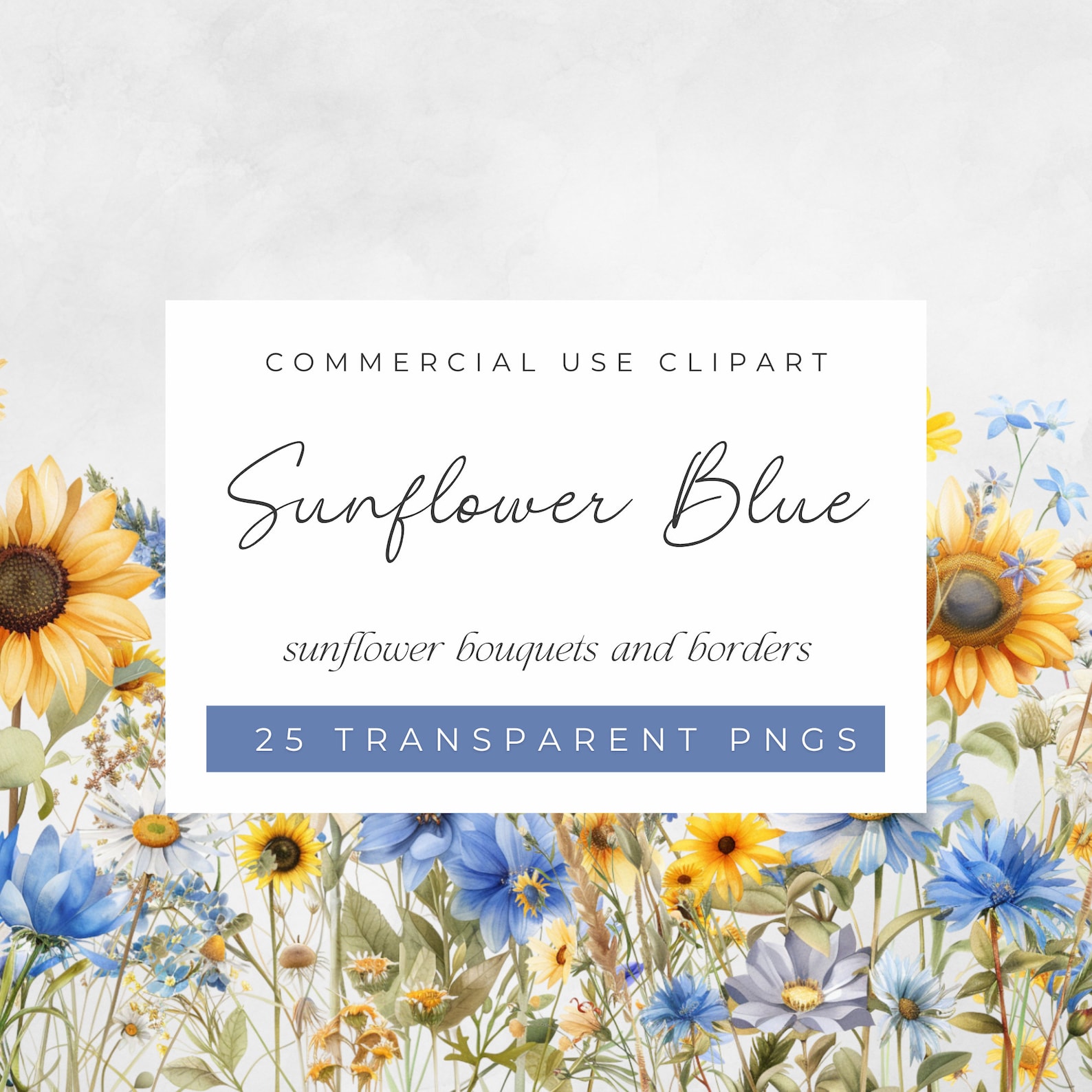 Sunflower and Blue Floral Bouquets and Borders, Watercolor Sunflower ...
