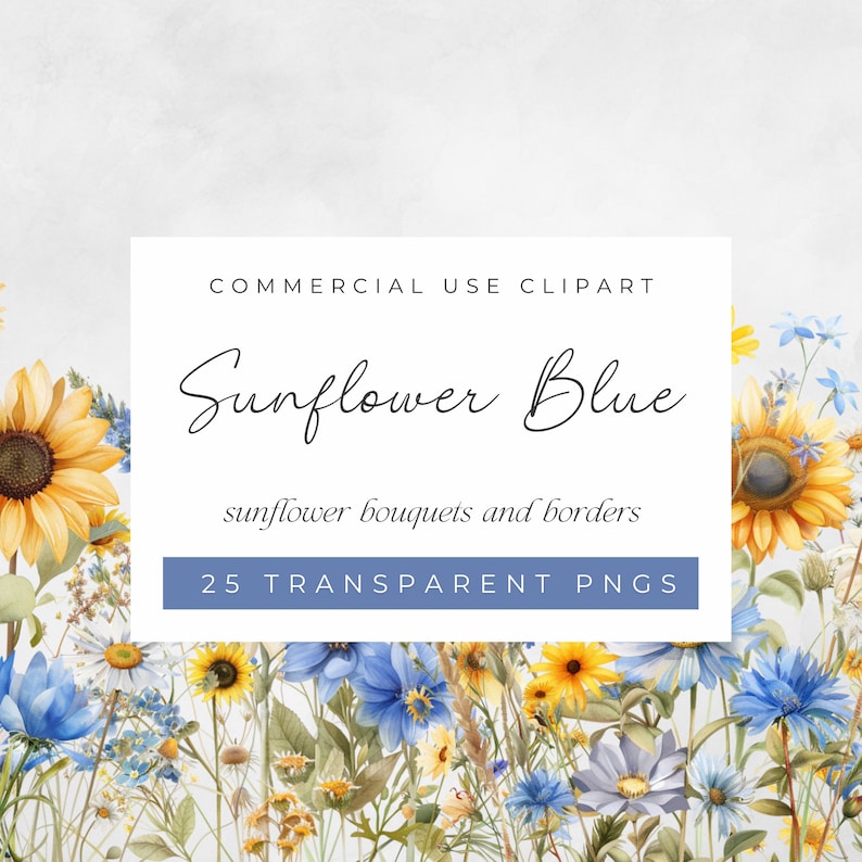 Sunflower and Blue Floral Bouquets and Borders, Watercolor Sunflower ...