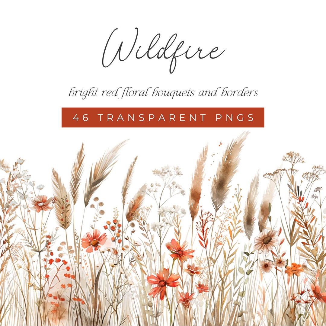 Red Watercolor Wildflower Clipart, Red Floral Clipart, Red Watercolor ...