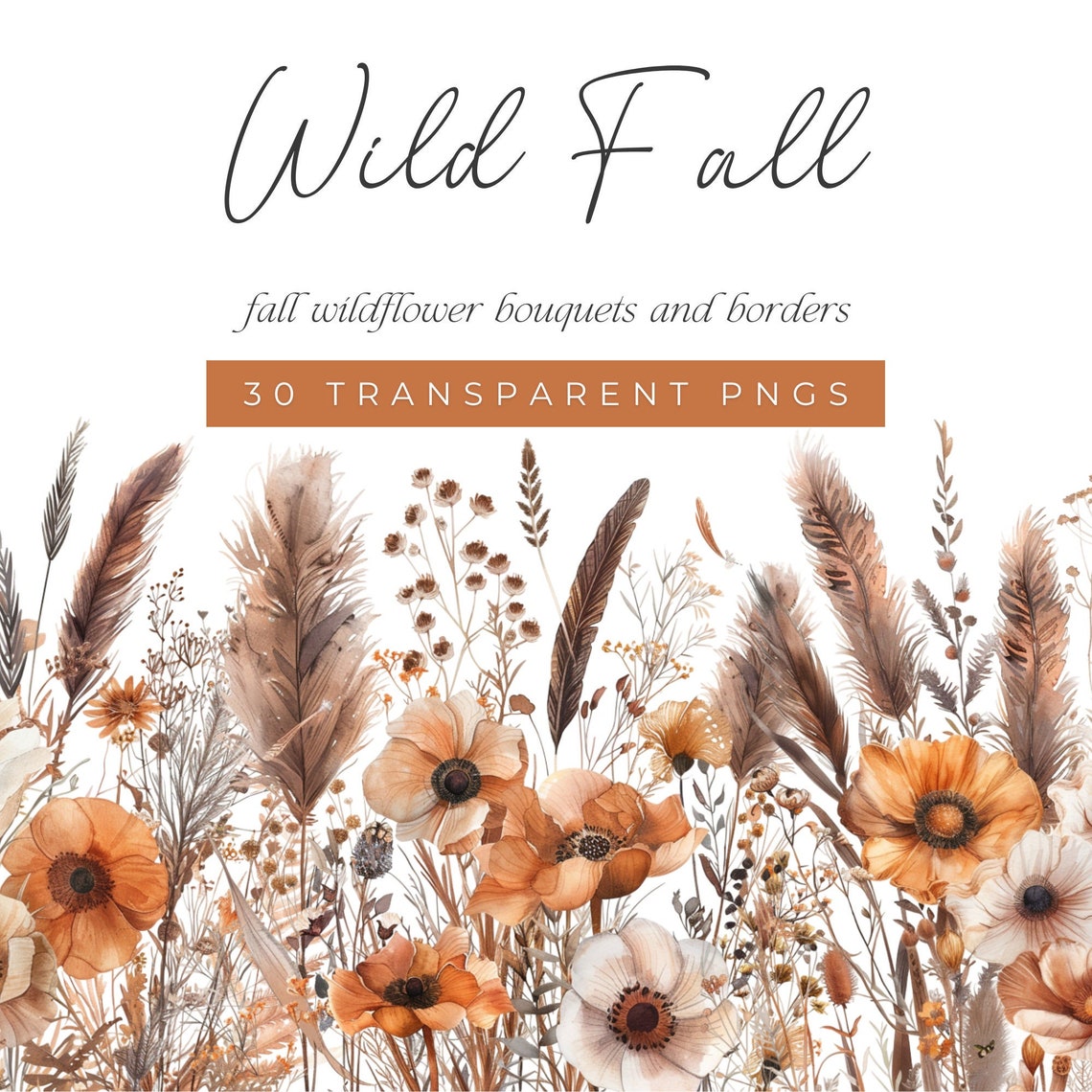 Fall Wildflower Bouquets and Borders, Watercolor Autumn Floral Clipart ...