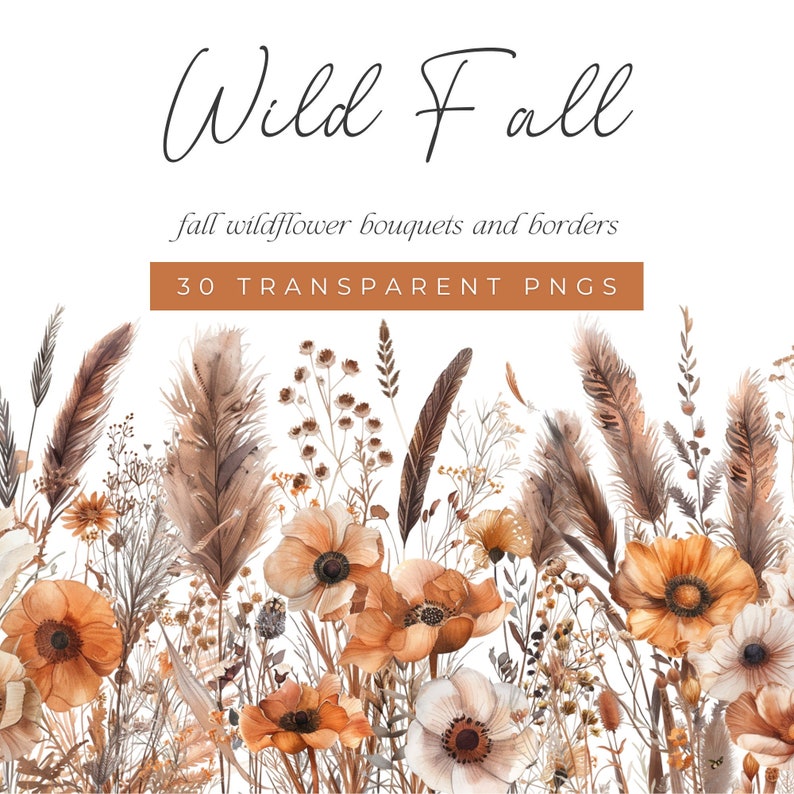 Fall Wildflower Bouquets and Borders, Watercolor Autumn Floral Clipart ...