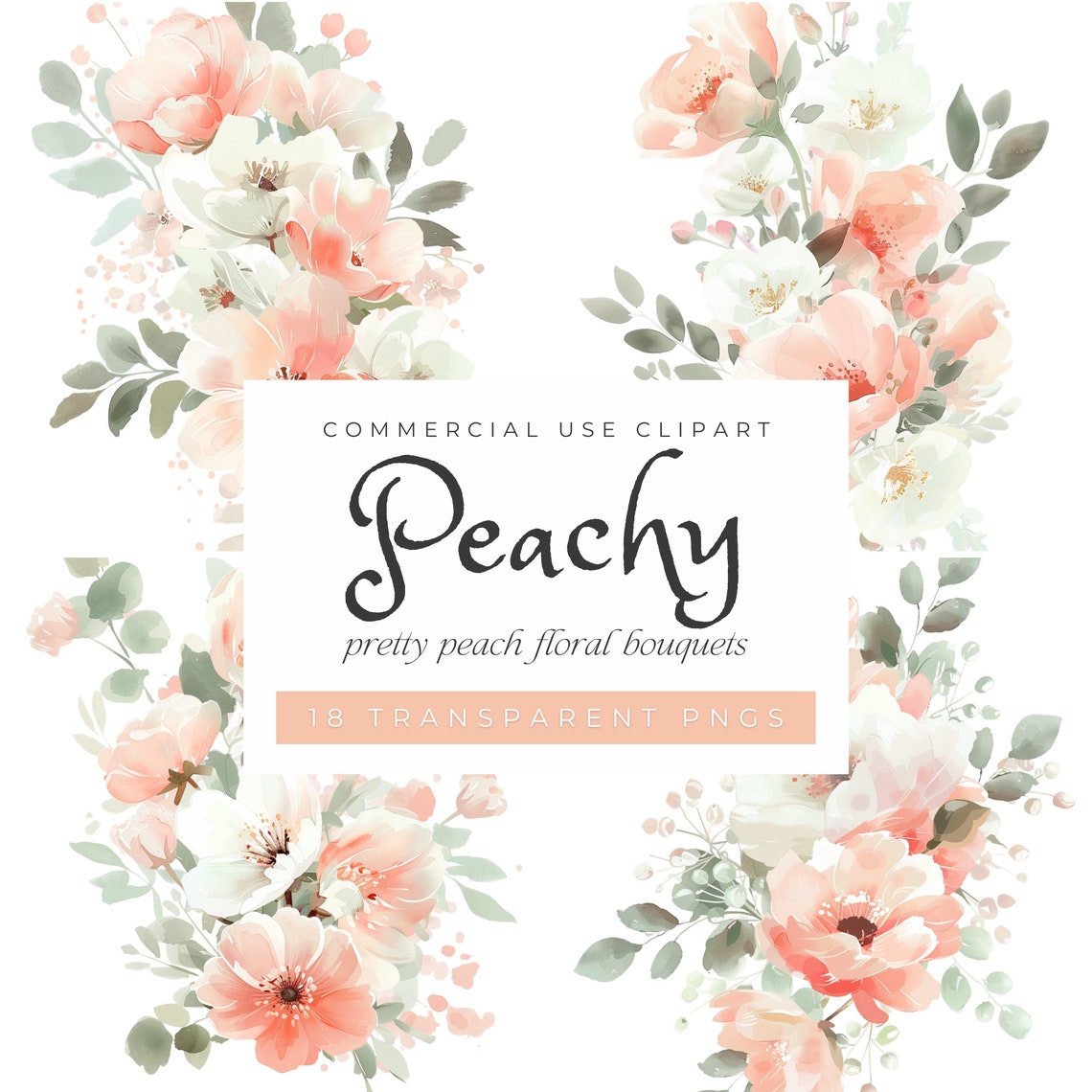 Watercolor Floral Clipart, Peach Floral Bouquets Clipart, Peach Flowers ...
