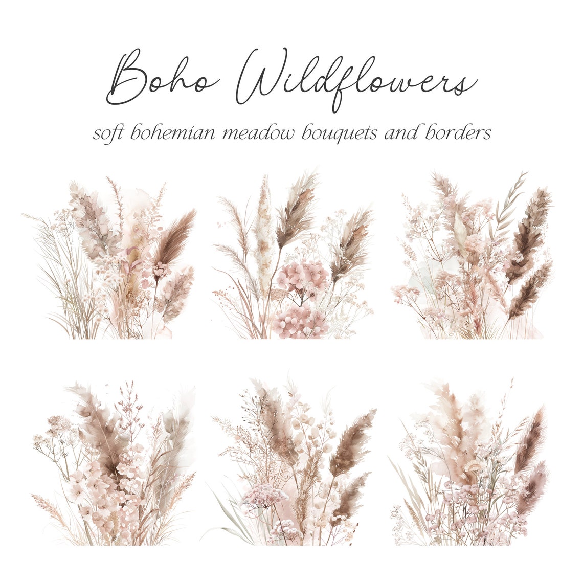 Boho Watercolor Wildflower Bouquets and Borders, Bohemian Meadow Clip ...