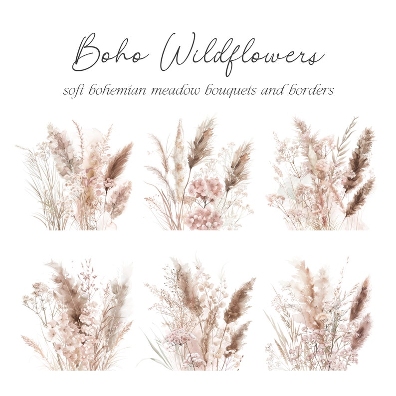 Boho Watercolor Wildflower Bouquets and Borders, Bohemian Meadow Clip ...