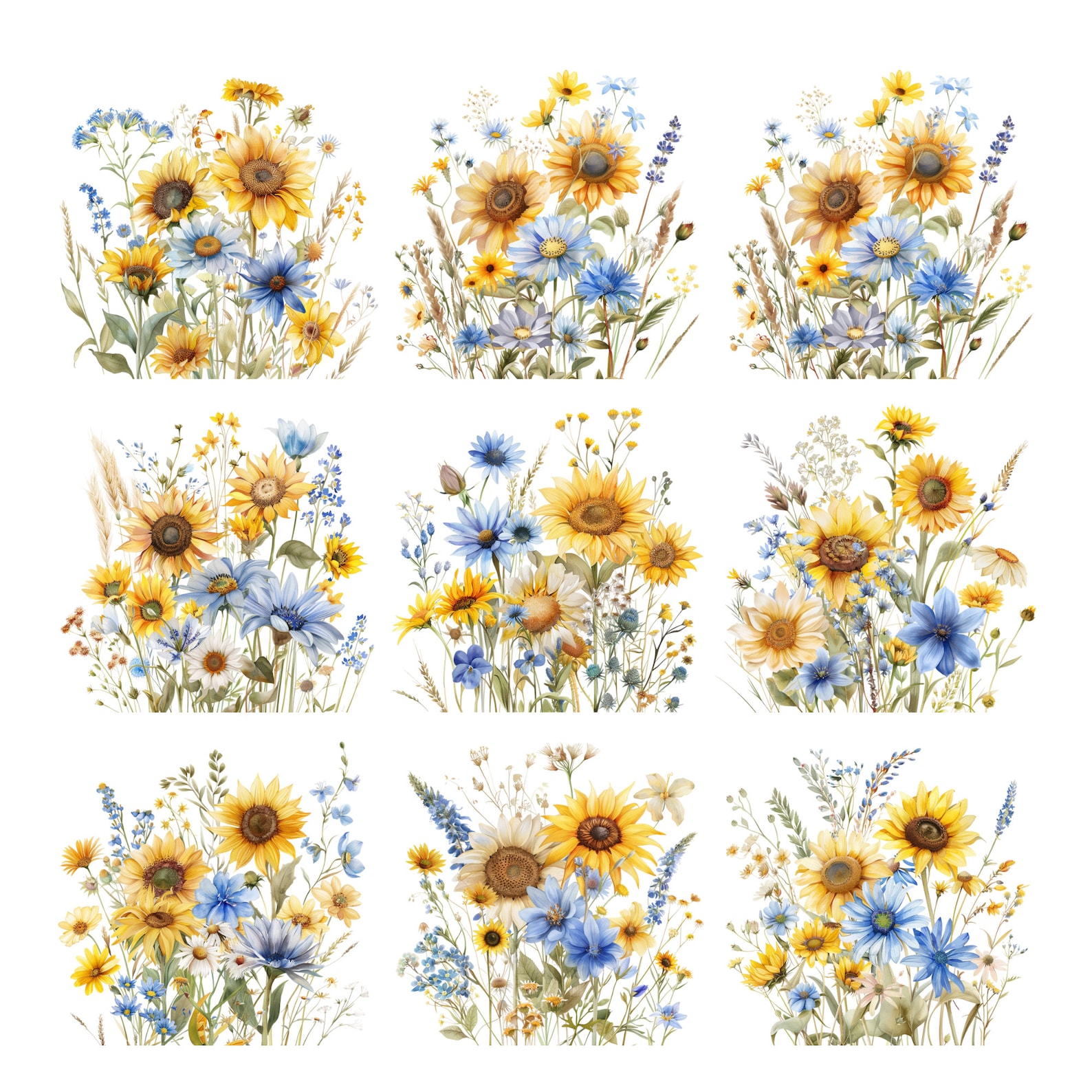 Sunflower and Blue Floral Bouquets and Borders, Watercolor Sunflower ...