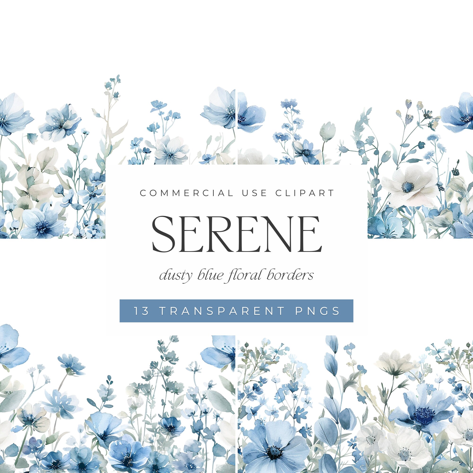 Soft Blue Watercolor Floral Border, Blue Wildflower Borders, Watercolor ...