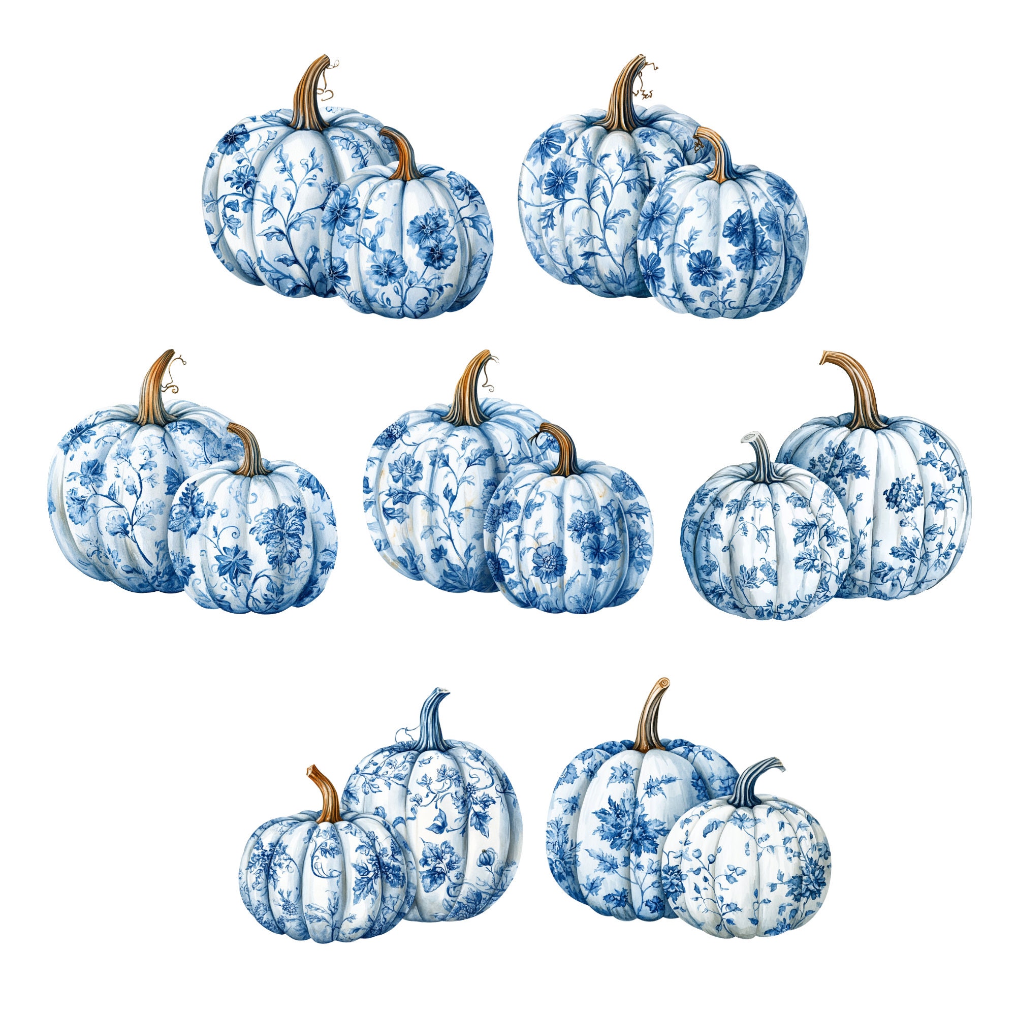 Toile Pumpkins Clipart, Blue Toile Pumpkins Clip Art, Chinoiserie ...