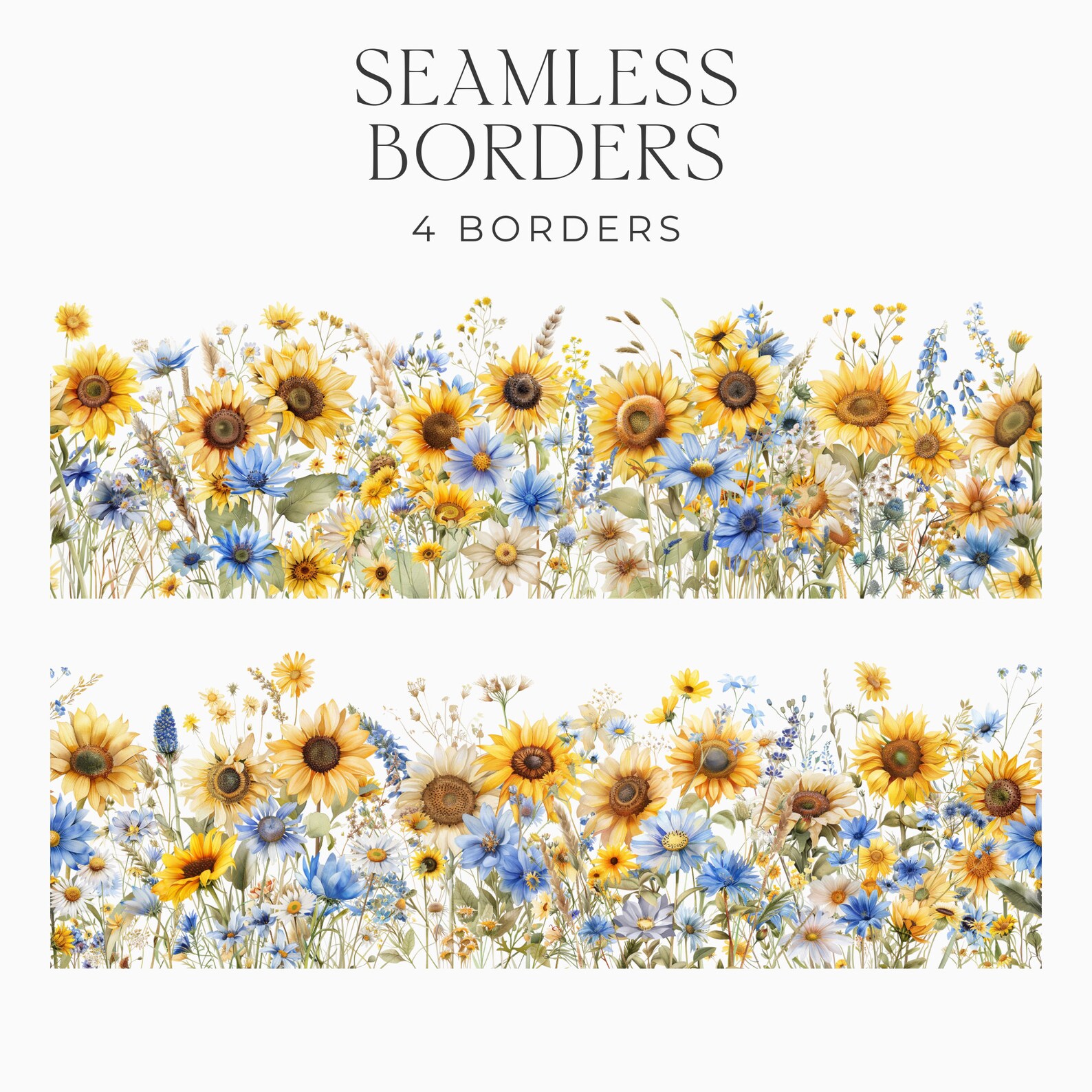 Sunflower and Blue Floral Bouquets and Borders, Watercolor Sunflower ...