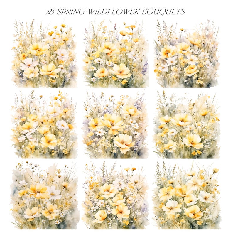 Yellow Spring Floral Clipart, Watercolor Wildflower Bouquets and ...