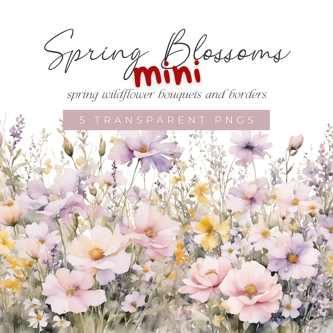 Spring Watercolor Wildflower Bouquets and Borders, Light Pink, Purple ...